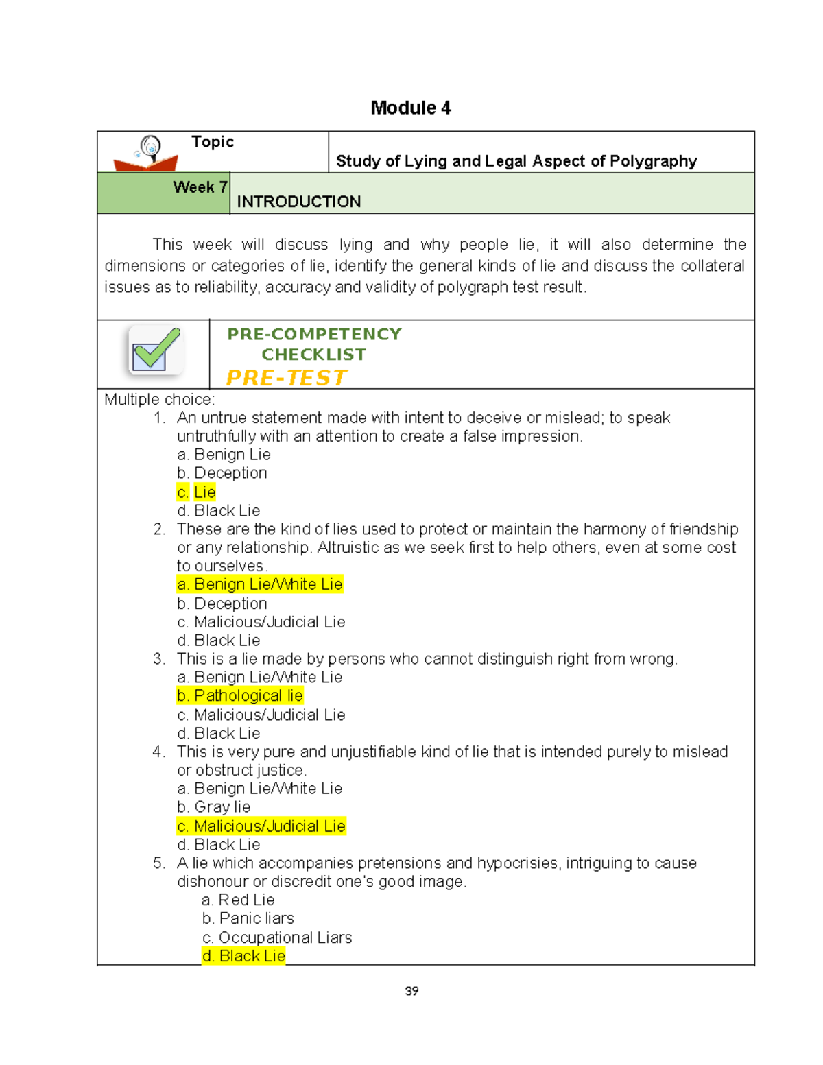 Polygraph-module-4 - Module - Module 4 Topic Study of Lying and Legal Aspect of Polygraphy - Studocu