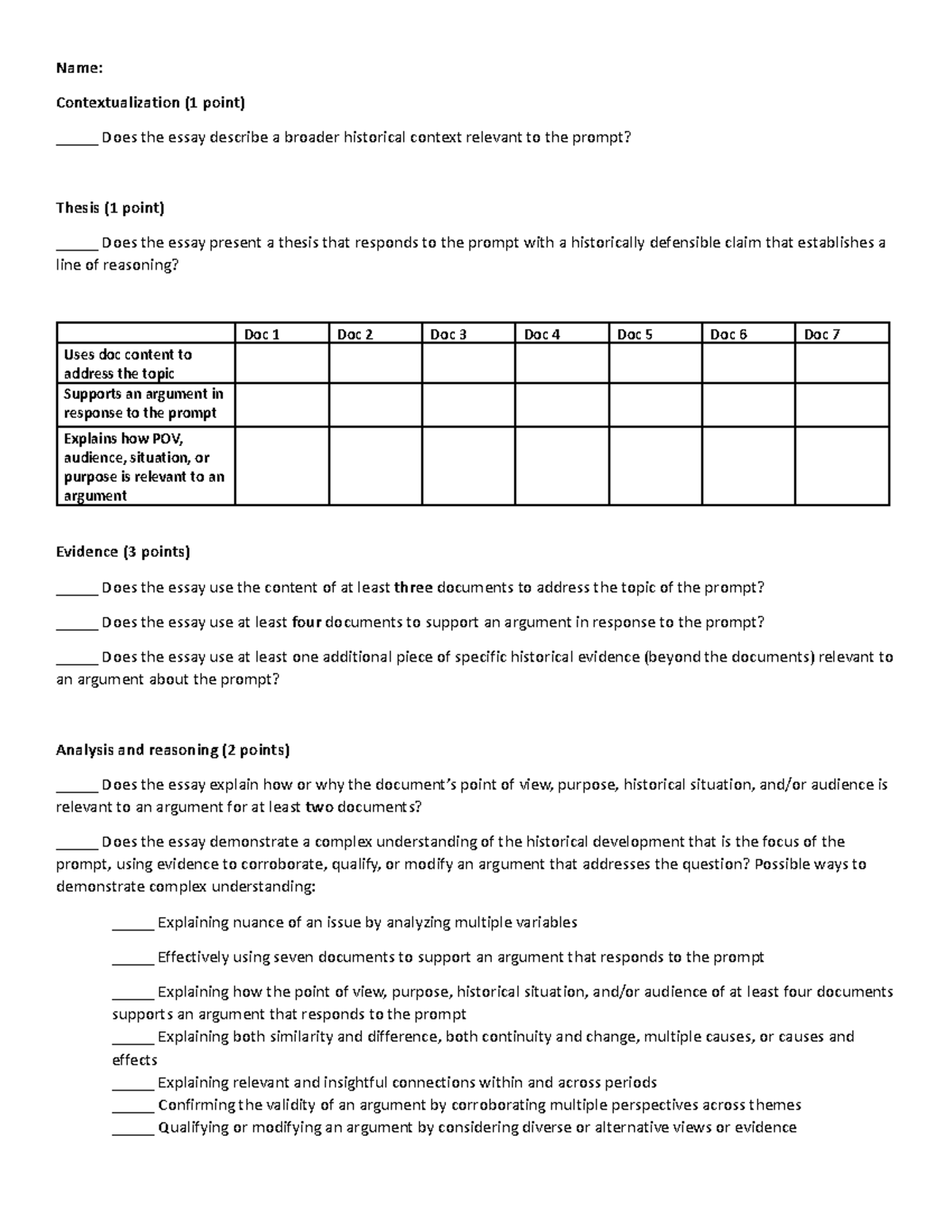 DBQ rubric checklist - Yuh - Name: Contextualization (1 point ...
