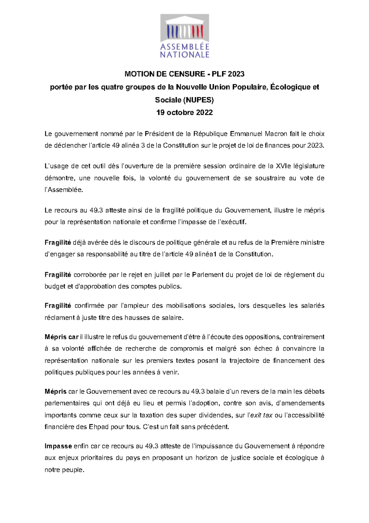 Motion de censure de la Nupes - MOTION DE CENSURE - PLF 2023 portée par ...