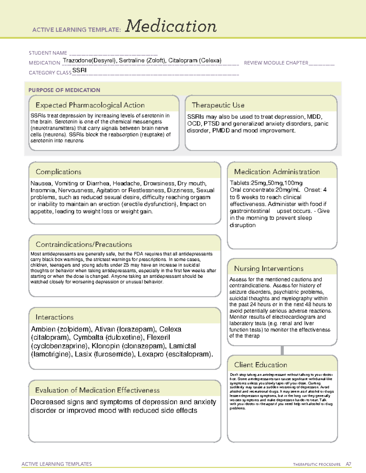 SSRI - med template - ACTIVE LEARNING TEMPLATES TherapeuTic procedure A ...