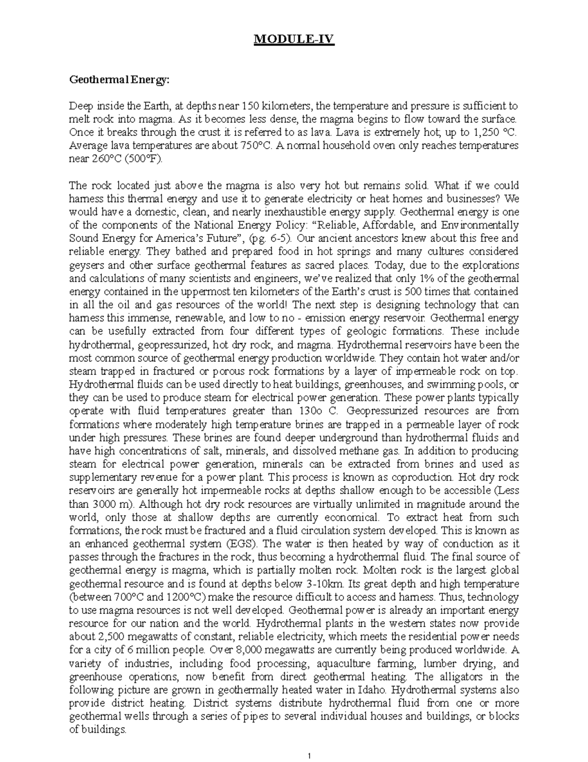 Unit 4 - Geothermal Energy - 1 MODULE-IV Geothermal Energy: Deep inside ...