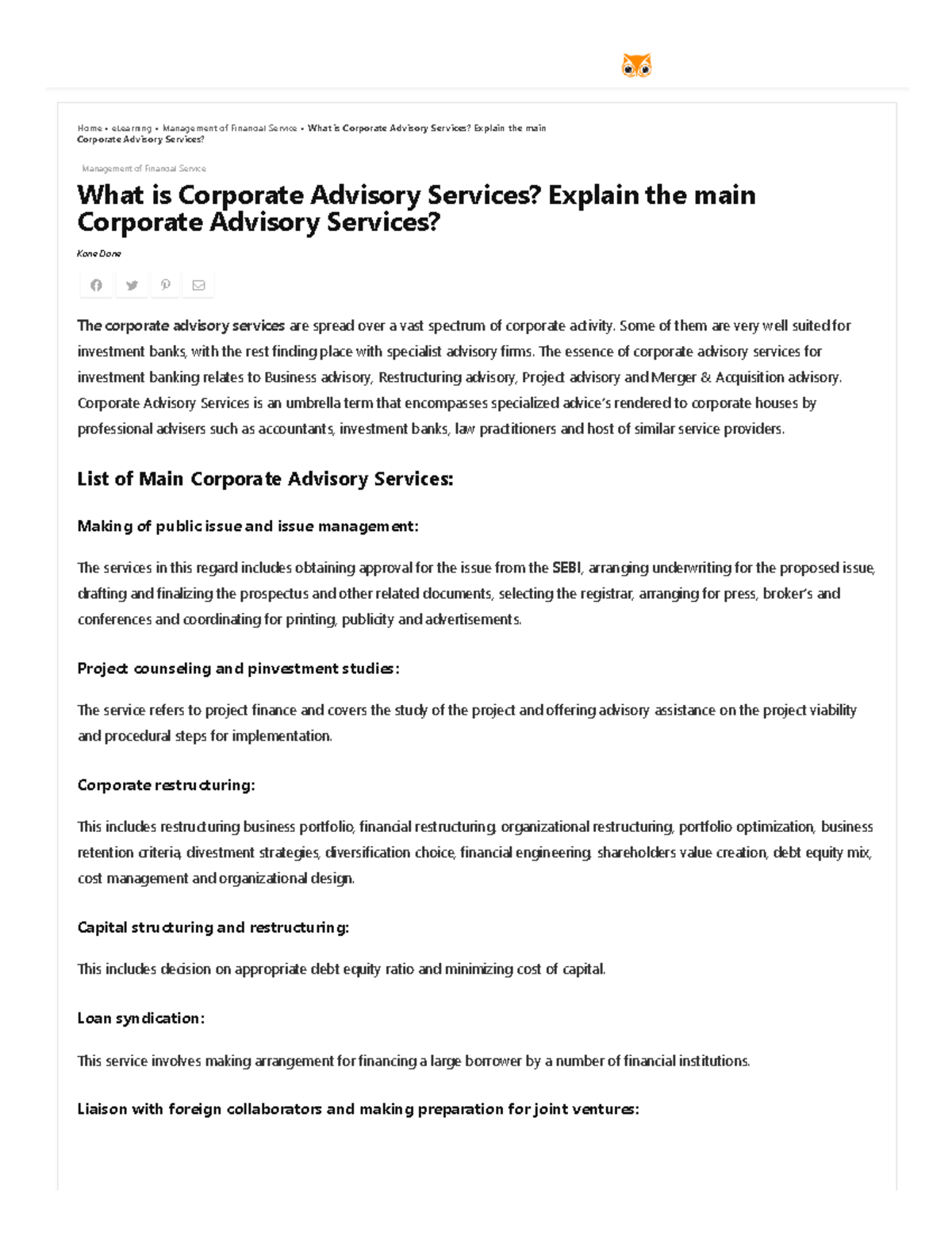What is Corporate Advisory Services Explain the main Corporate Advisory ...