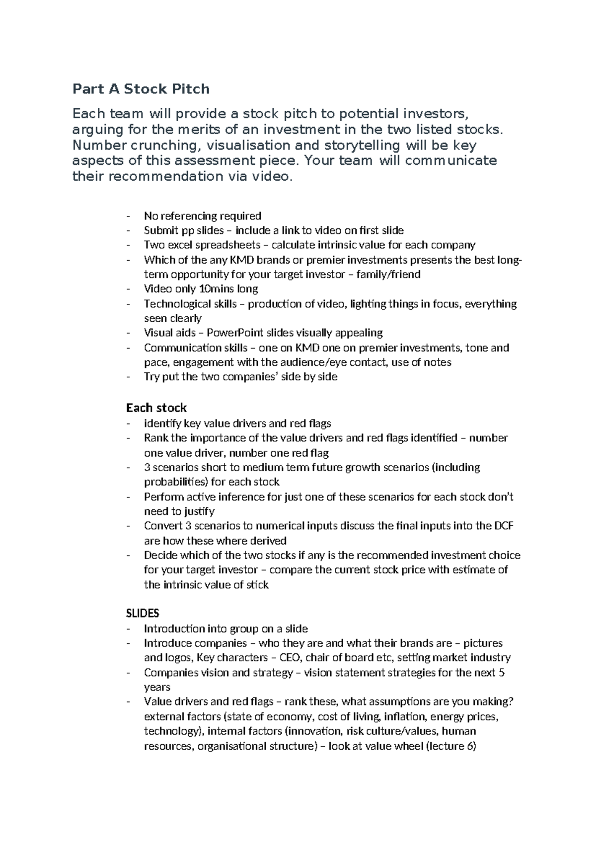 BSB107 stock pitch A2 - Part A Stock Pitch Each team will provide a ...