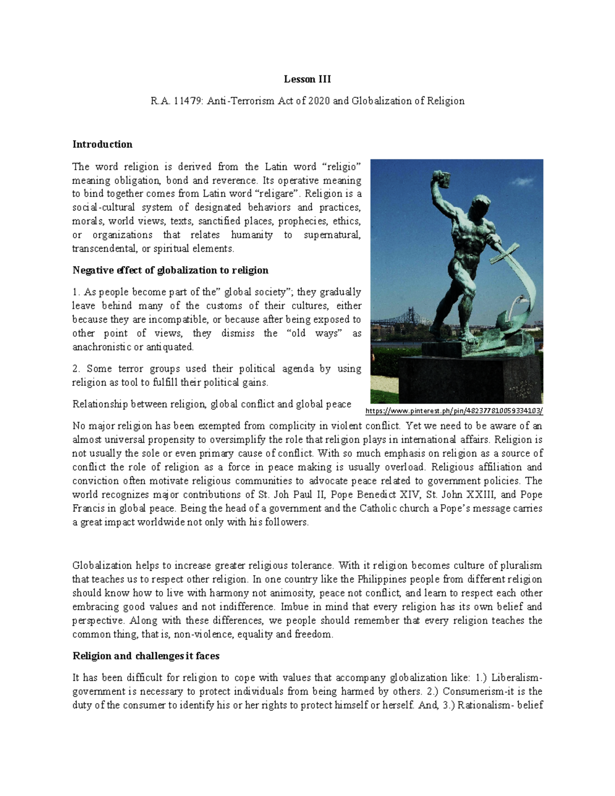 Lesson 3 - conworld - Lesson III R. 11479: Anti-Terrorism Act of 2020 and Globalization of ...