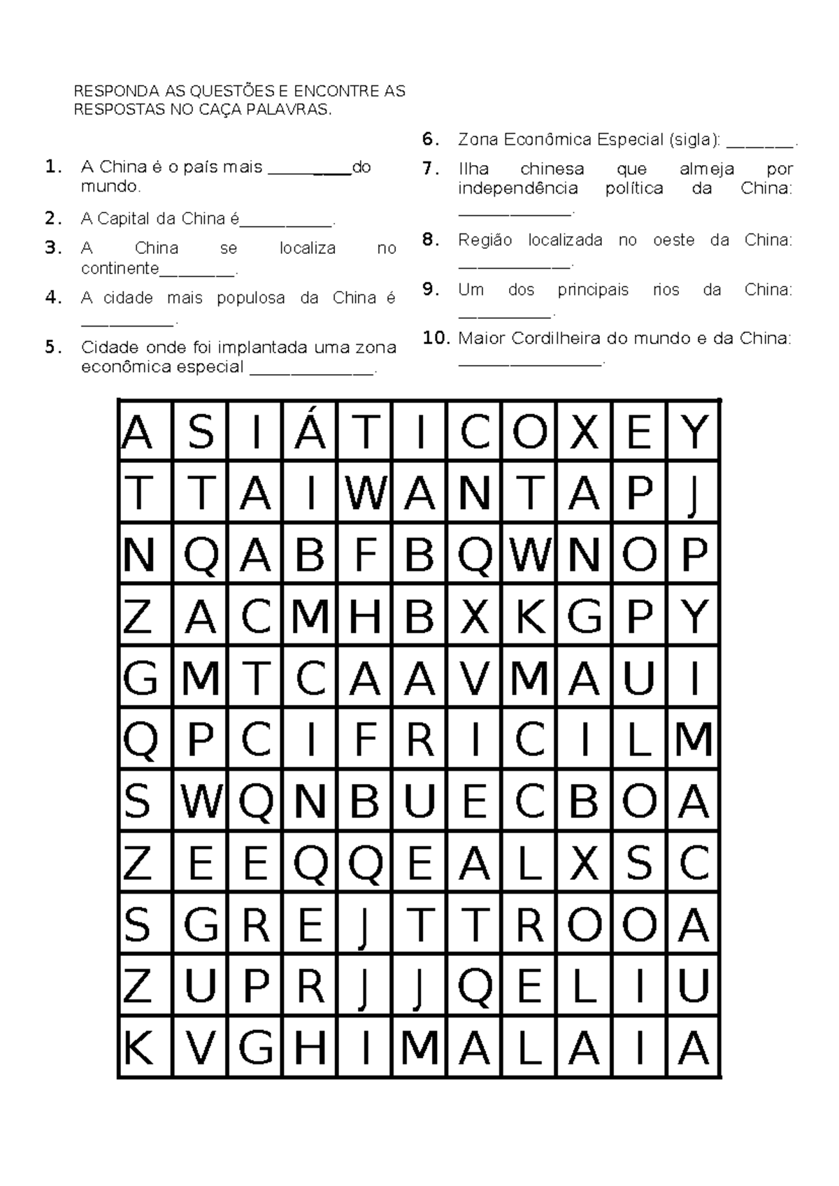 CAÇA Palavras China - teste. - RESPONDA AS QUESTÕES E ENCONTRE AS ...