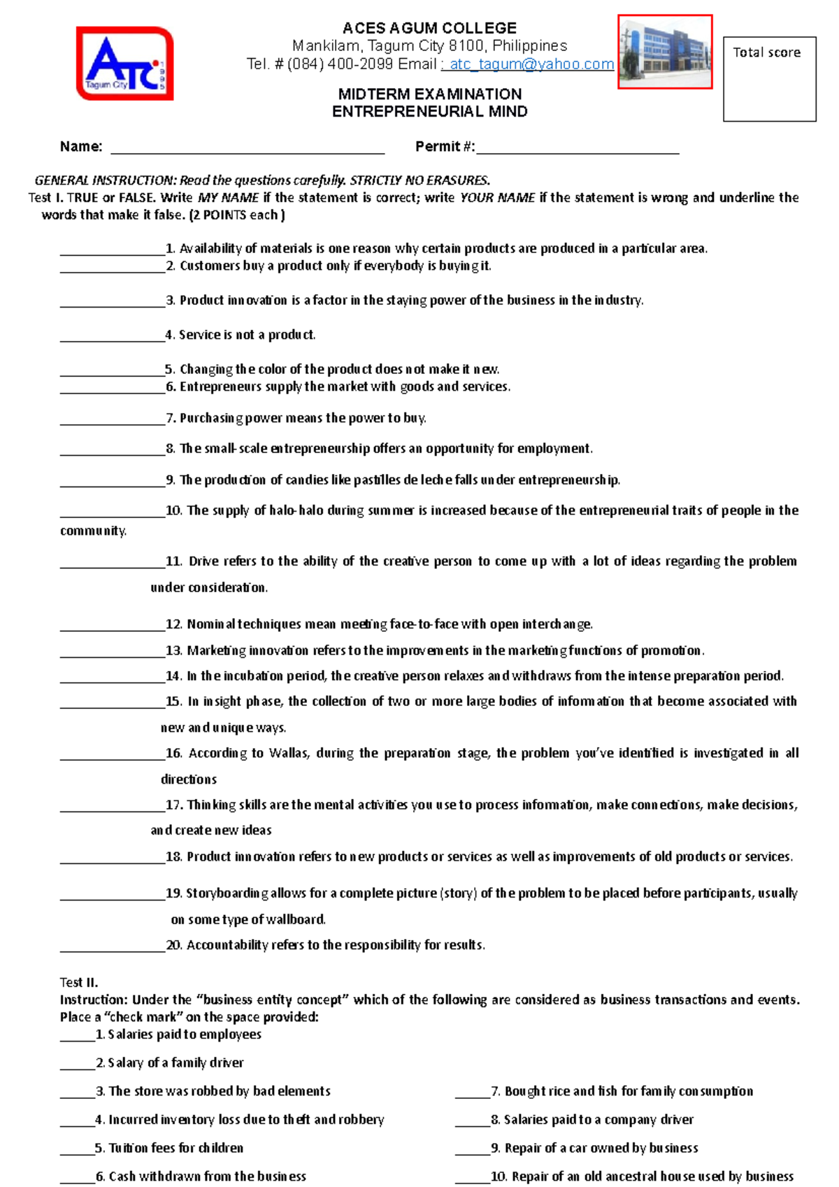 Midterm in entrep 2022 - ACES AGUM COLLEGE Mankilam, Tagum City 8100 ...