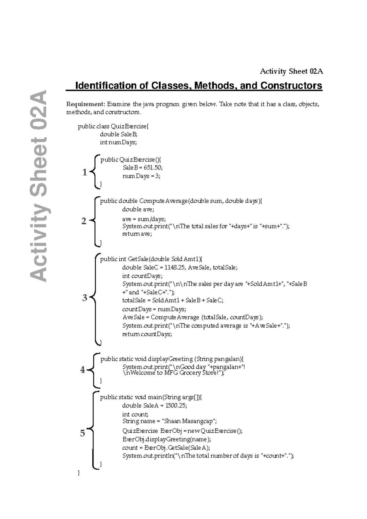 Identifying Classes, Methods and Contructors - Activity Sheet 02A ...