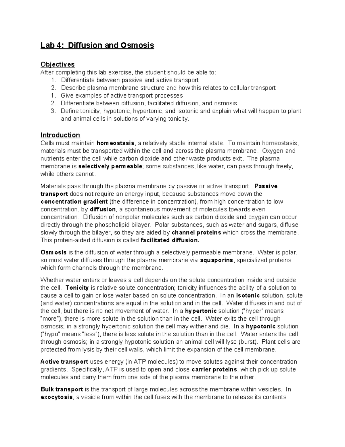 Diffusion and Osmosis - lab worksheet - Lab 4: Diffusion and Osmosis Objectives After completing ...
