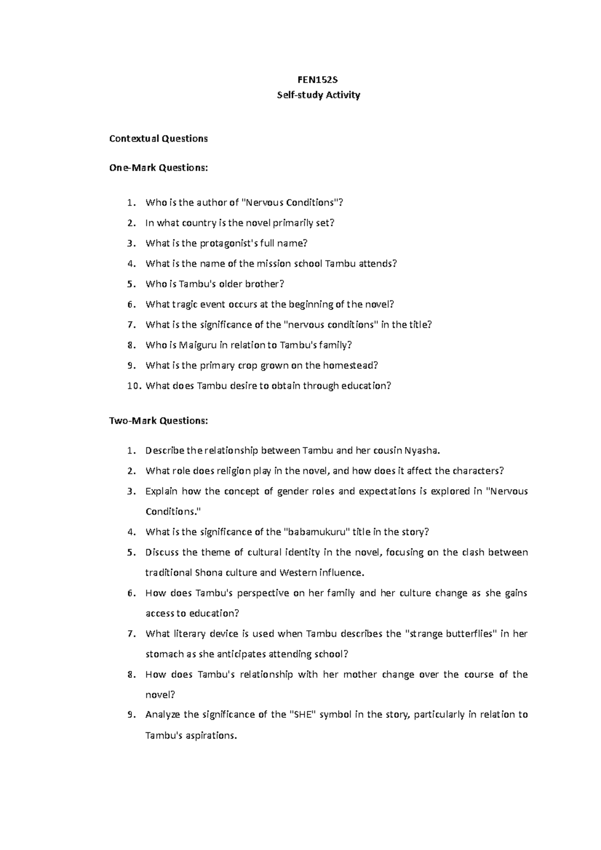 FEN152S Nervous Conditions Self Study varied questions - FEN152S Self ...