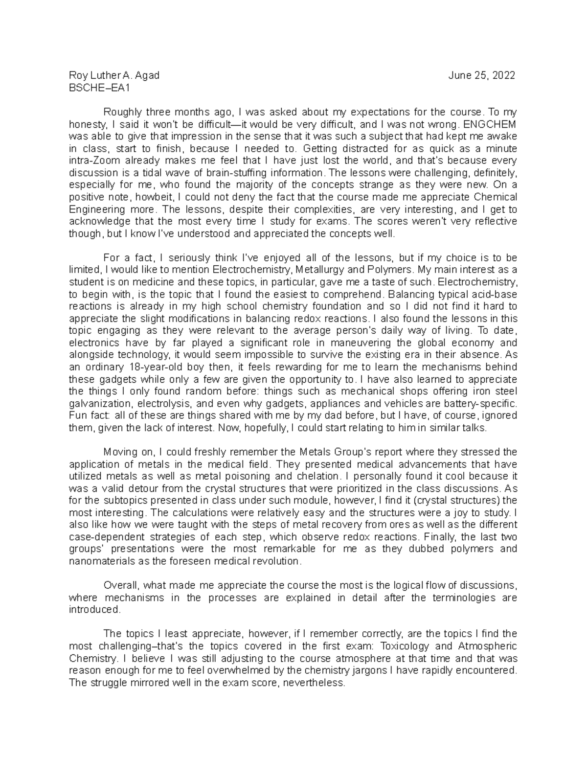 AGAD Final Course Output - Roy Luther A. Agad June 25, 2022 BSCHE3EA ...