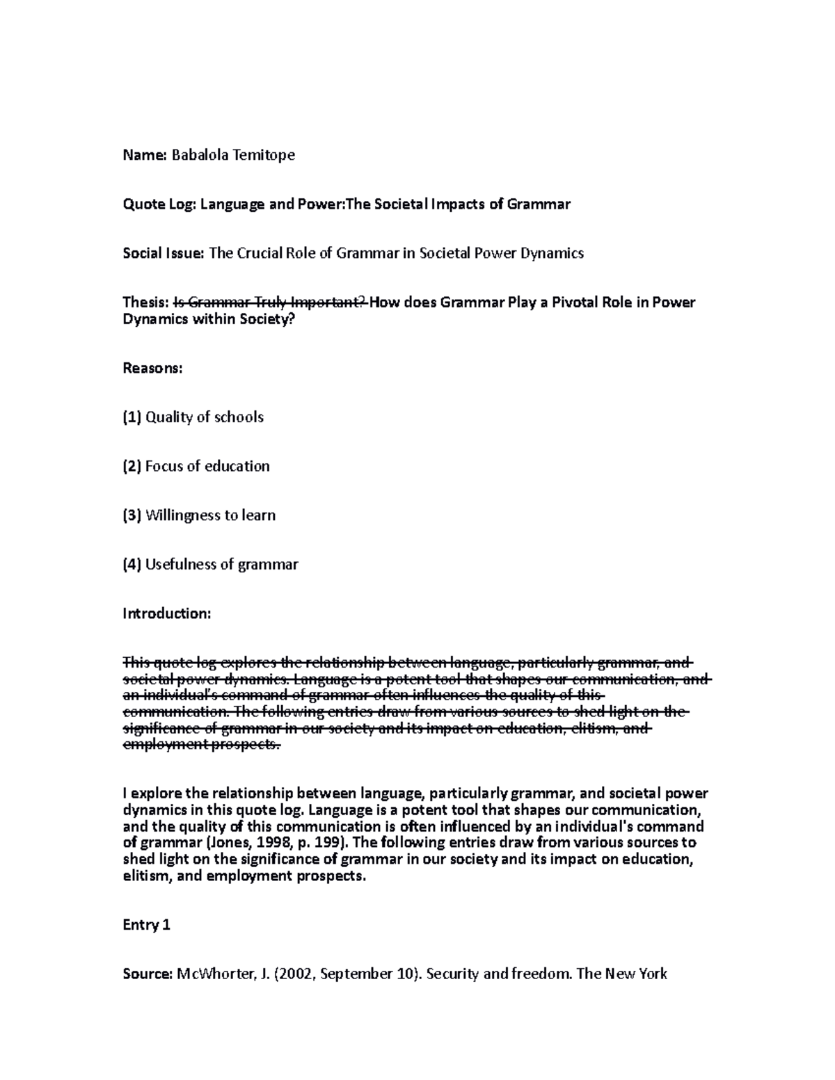 Qoute log 234 revised - Name: Babalola Temitope Quote Log: Language and ...