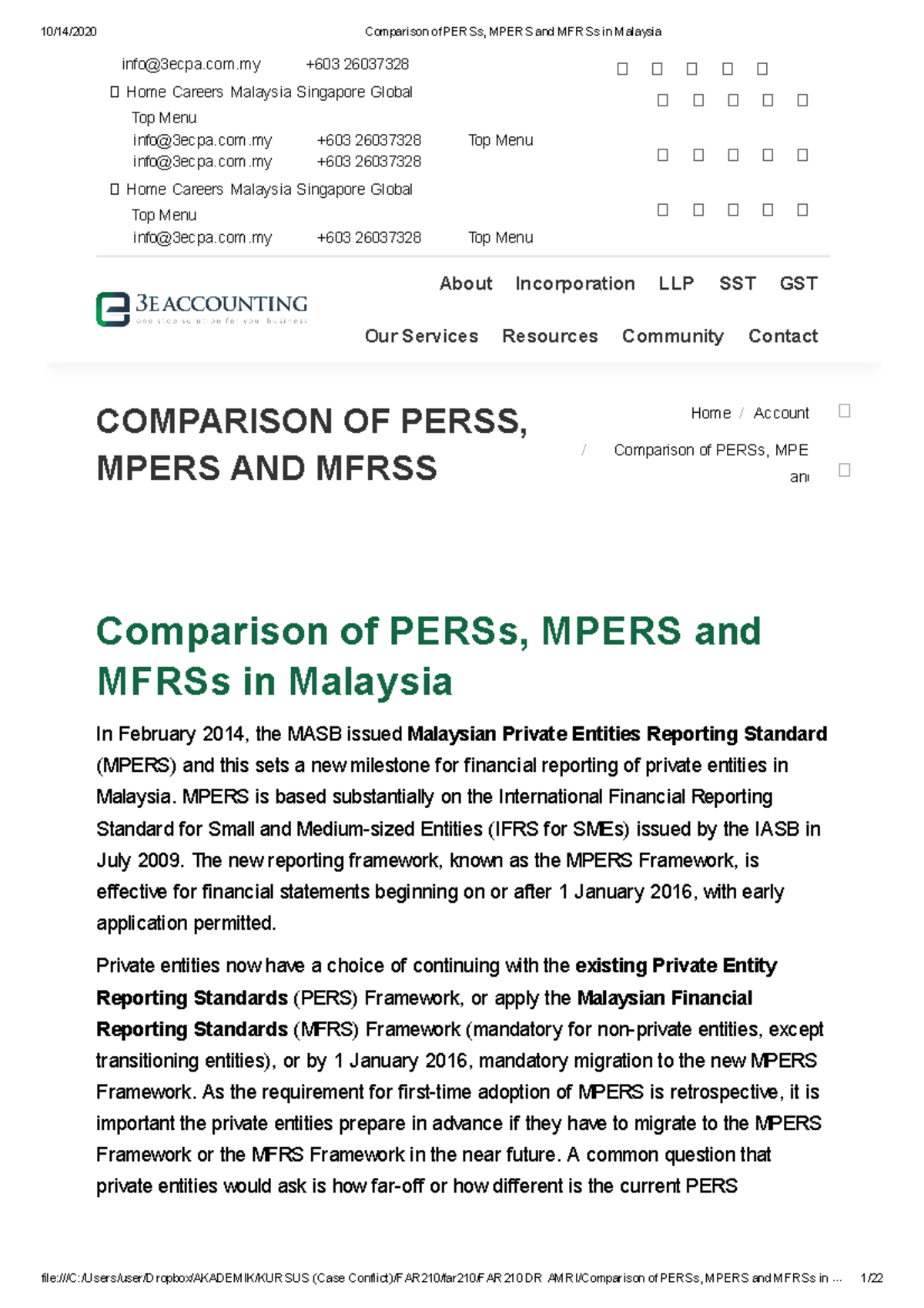 Comparison of PERSs, Mpers and MFRSs in Malaysia - COMPARISON OF PERSS ...