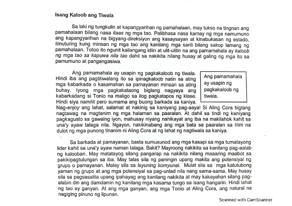 Isang Kaloob AT Tiwala - Edukasyon sa pagpapakatao - Filipino - Studocu