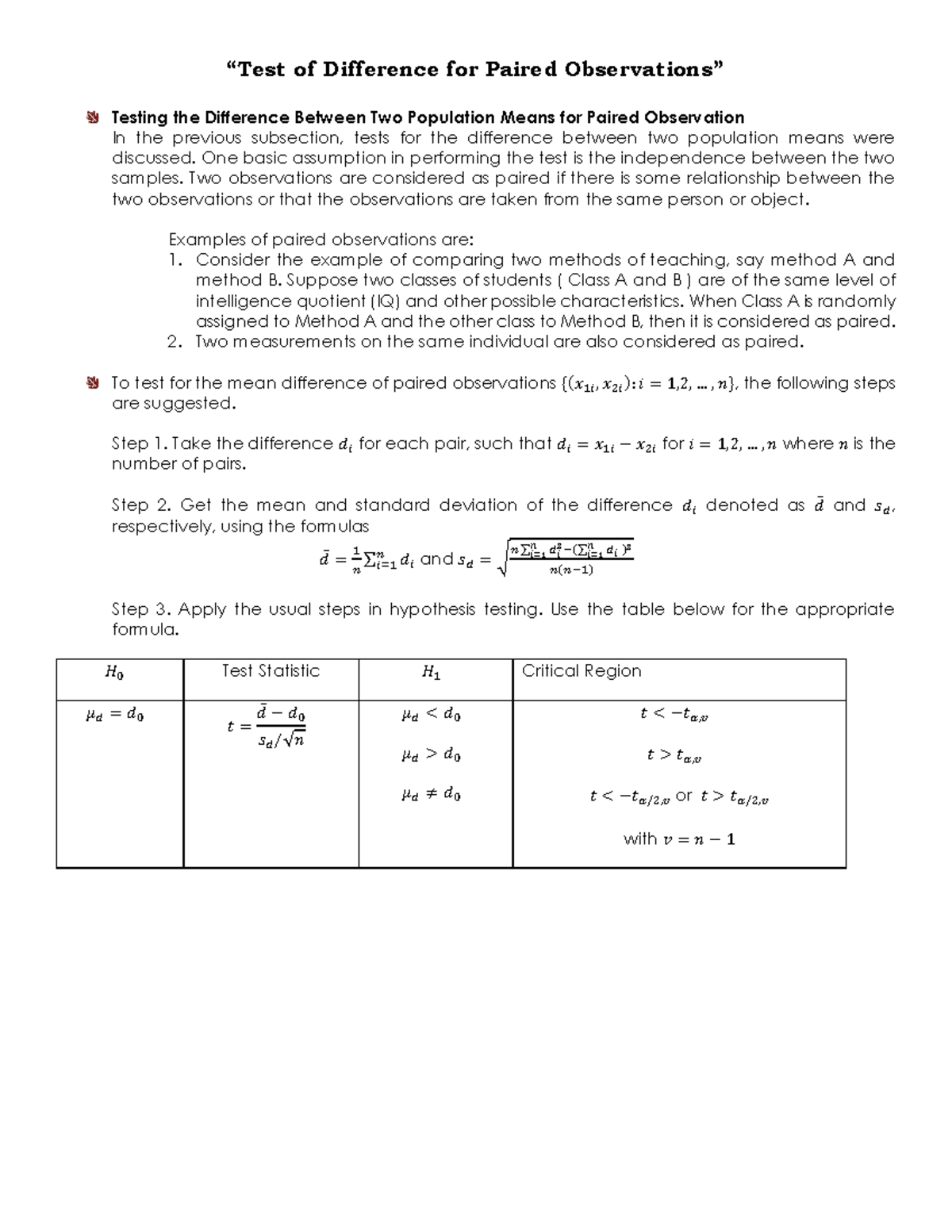 5 - Lesson - Paired ttest - “Test of Difference for Paired Observations ...