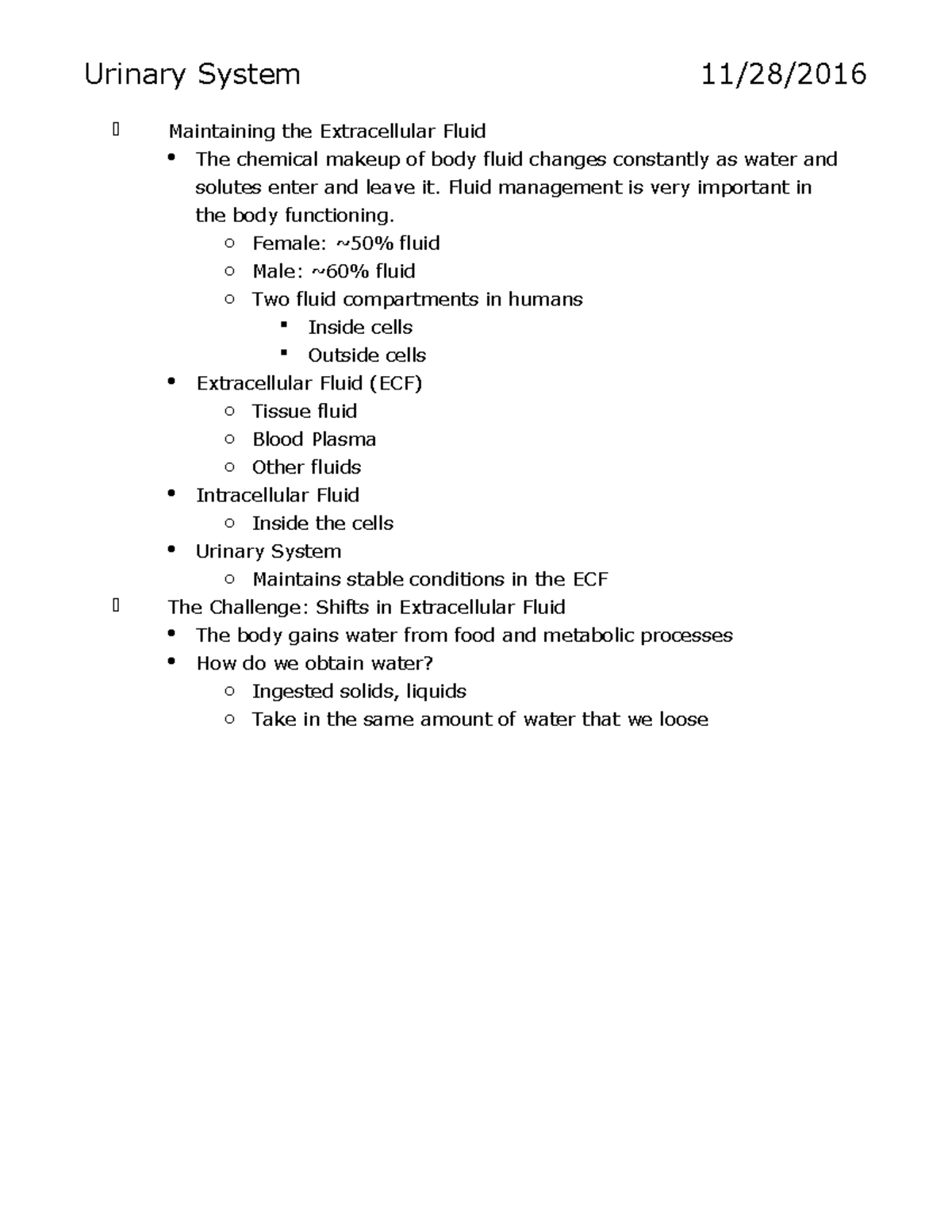 Urinary System - notes taken during lecture - Urinary System 11/28 ...