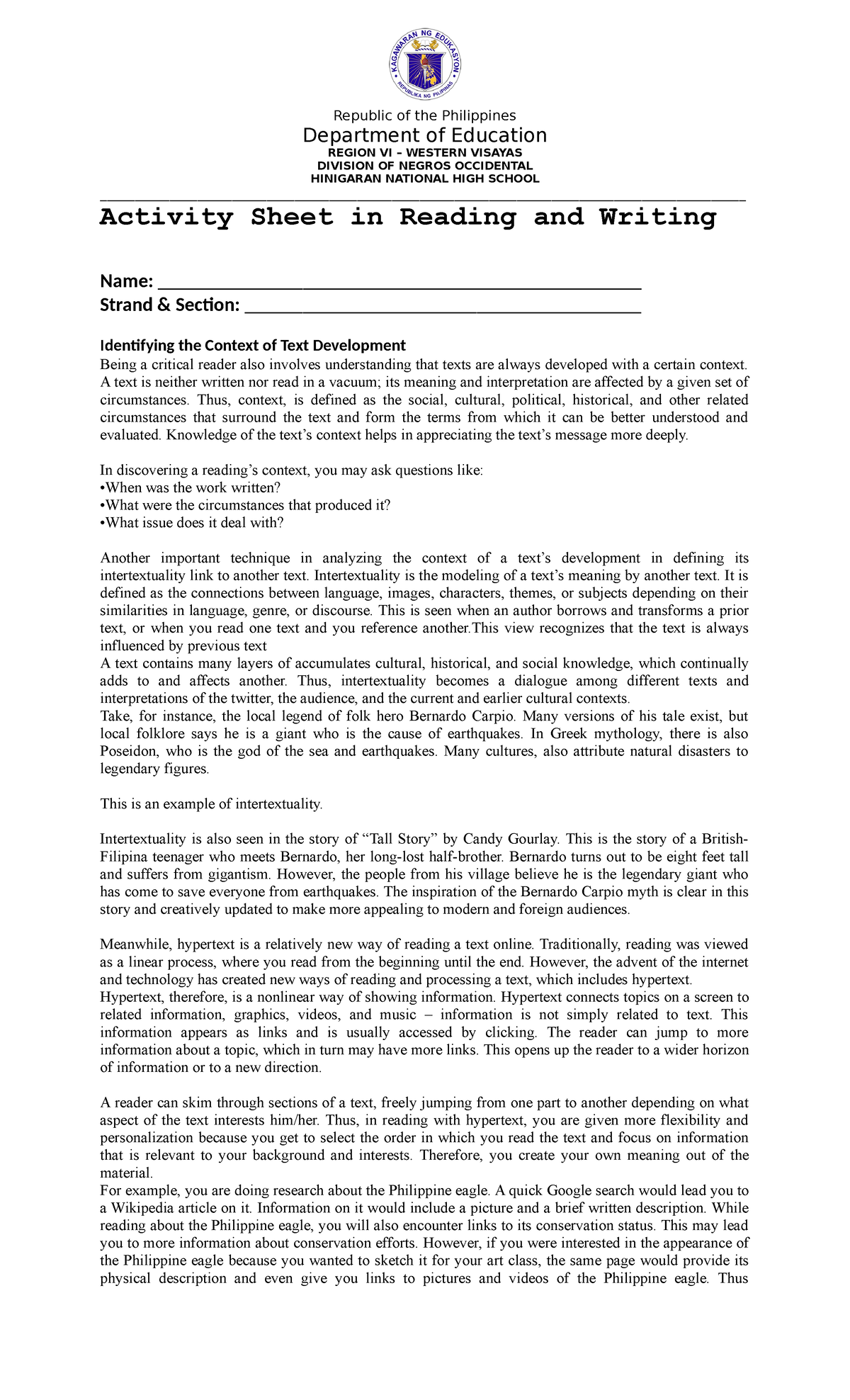 Hypertext and Intertext Concept and Activity Sheet 1 - Republic of the ...