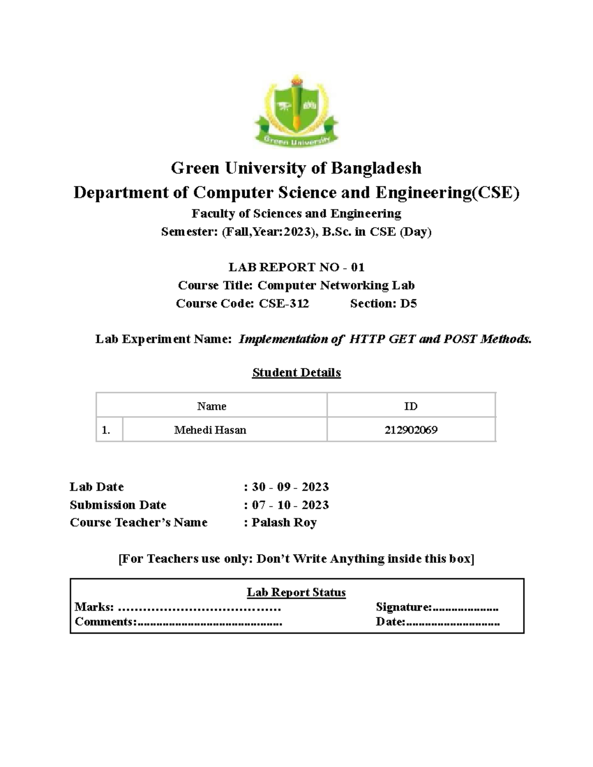 HTTP GET and POST Methods(CSE310 Report 1) - Green University of Bangladesh Department of ...
