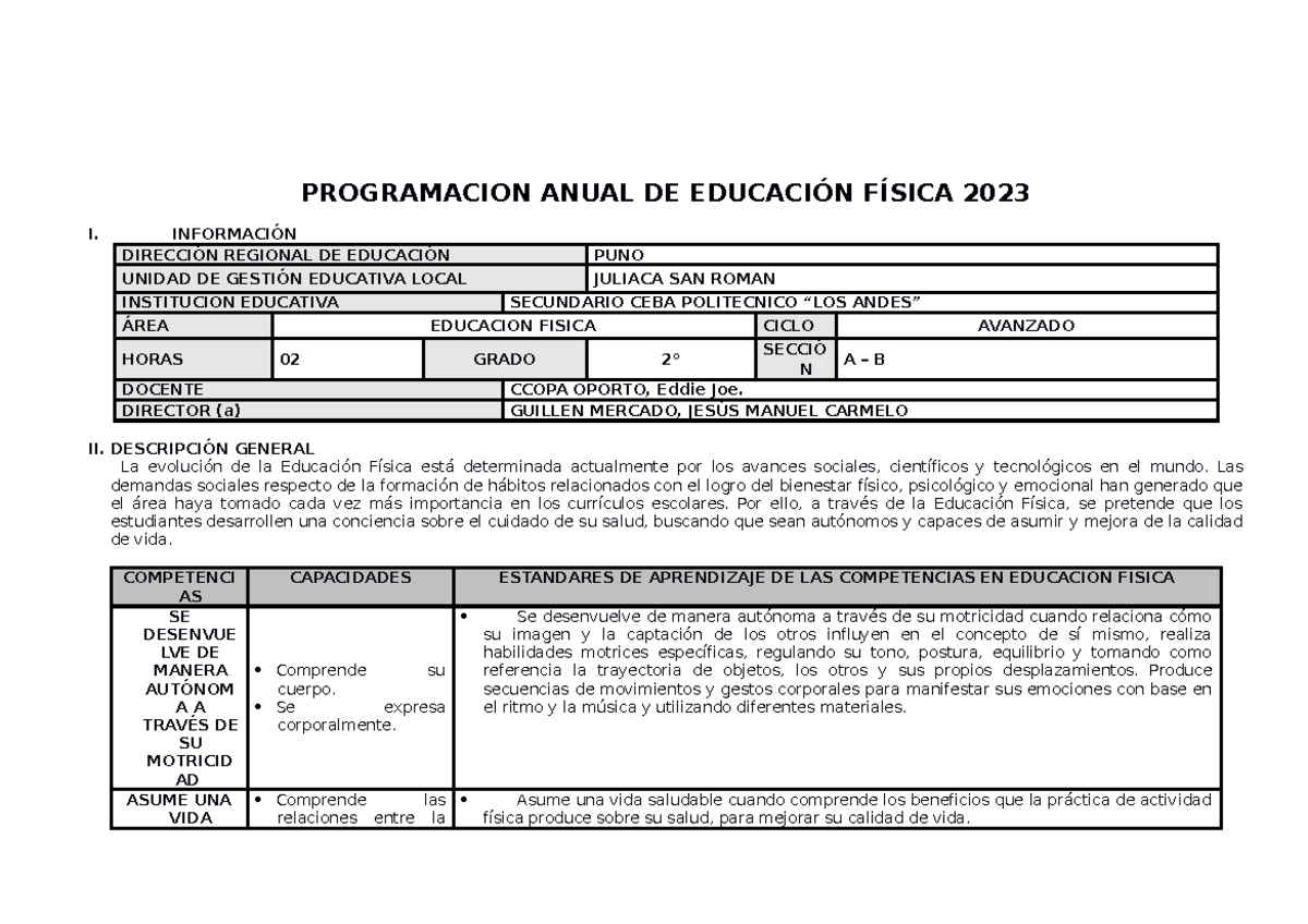 Programacion Curricular 2do grados 2023 - PROGRAMACION ANUAL DE EDUCACIÓN FÍSICA 2023 I ...