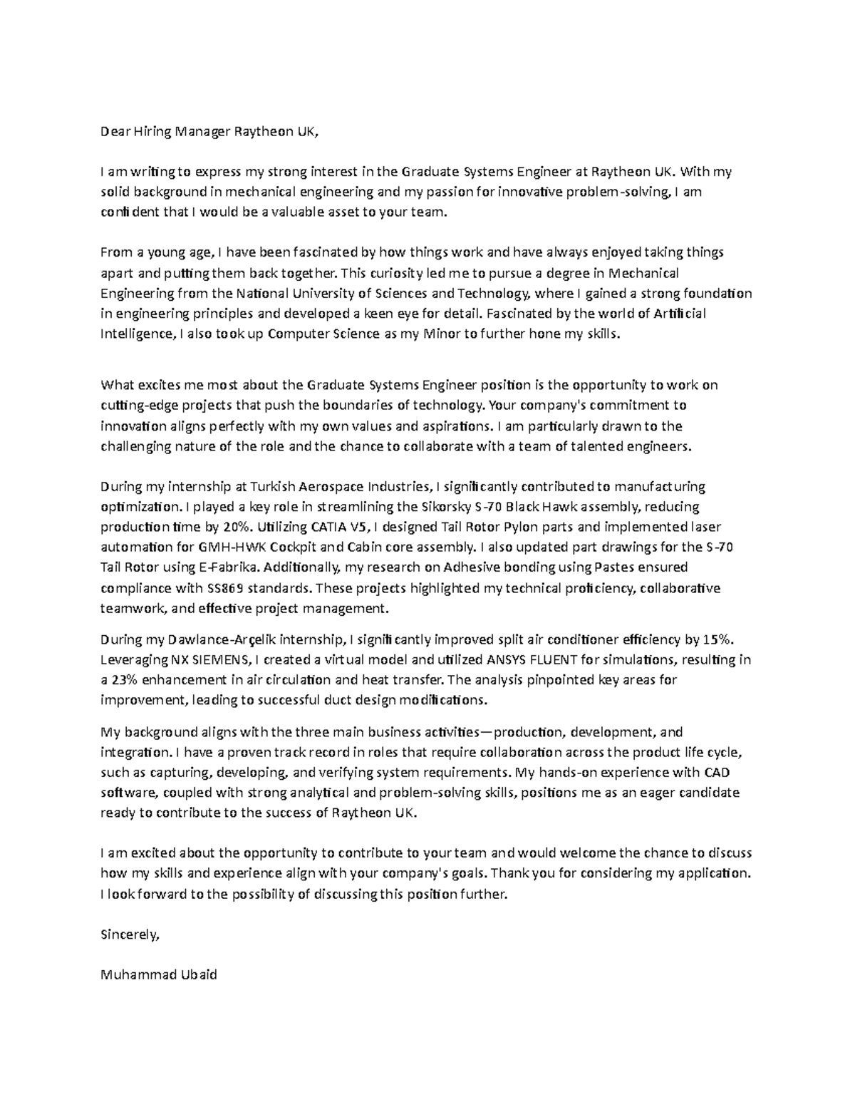 Cover Letter Mechanical - Dear Hiring Manager Raytheon UK, I am writing ...