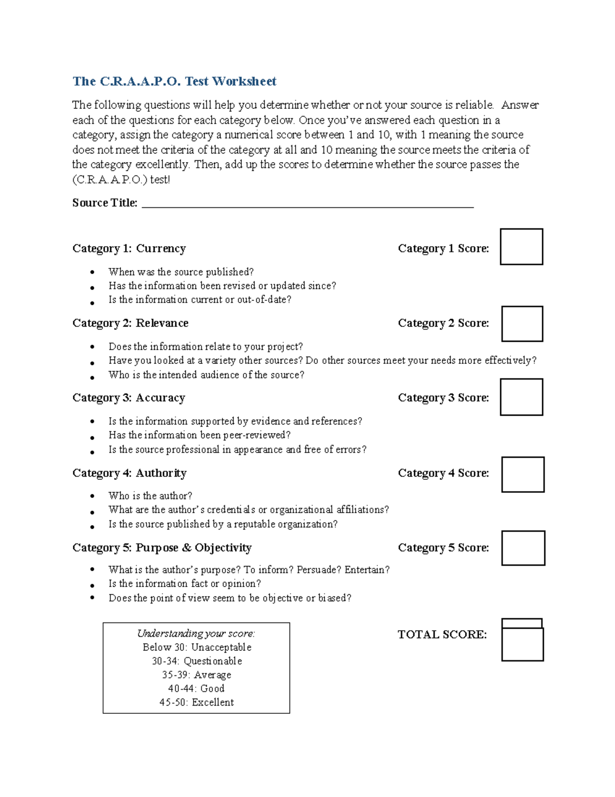 Craap test - test - The C.R.A.A.P. Test Worksheet The following ...
