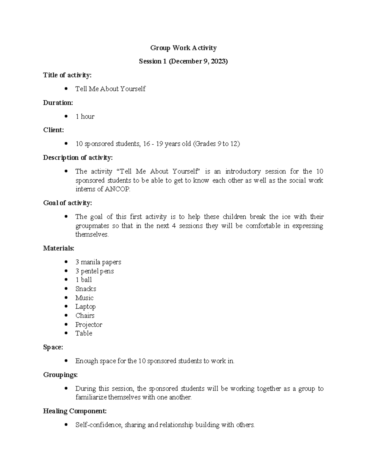Group Work Activity Session 1 - Goal of activity: The goal of this ...