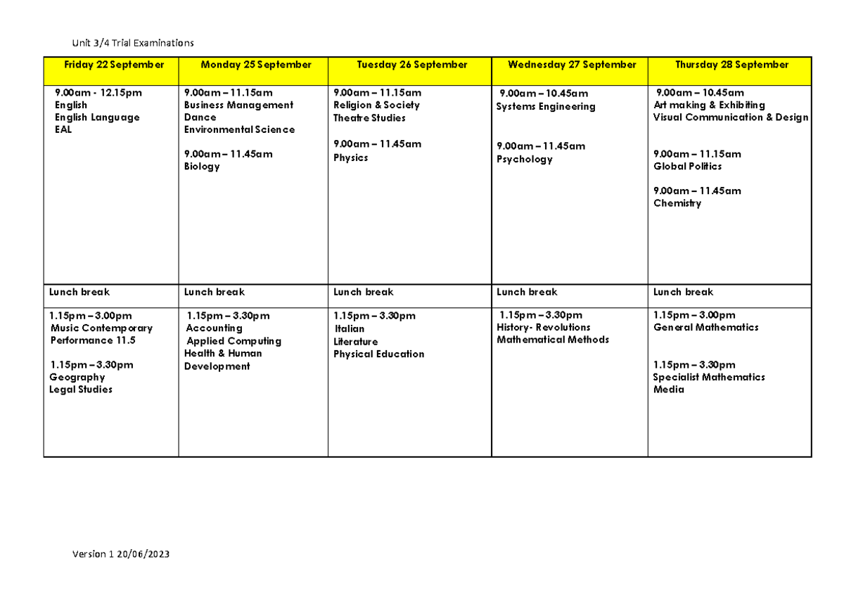 Term 3 Trial Examination Timetable - Unit 3/4 Trial Examinations ...