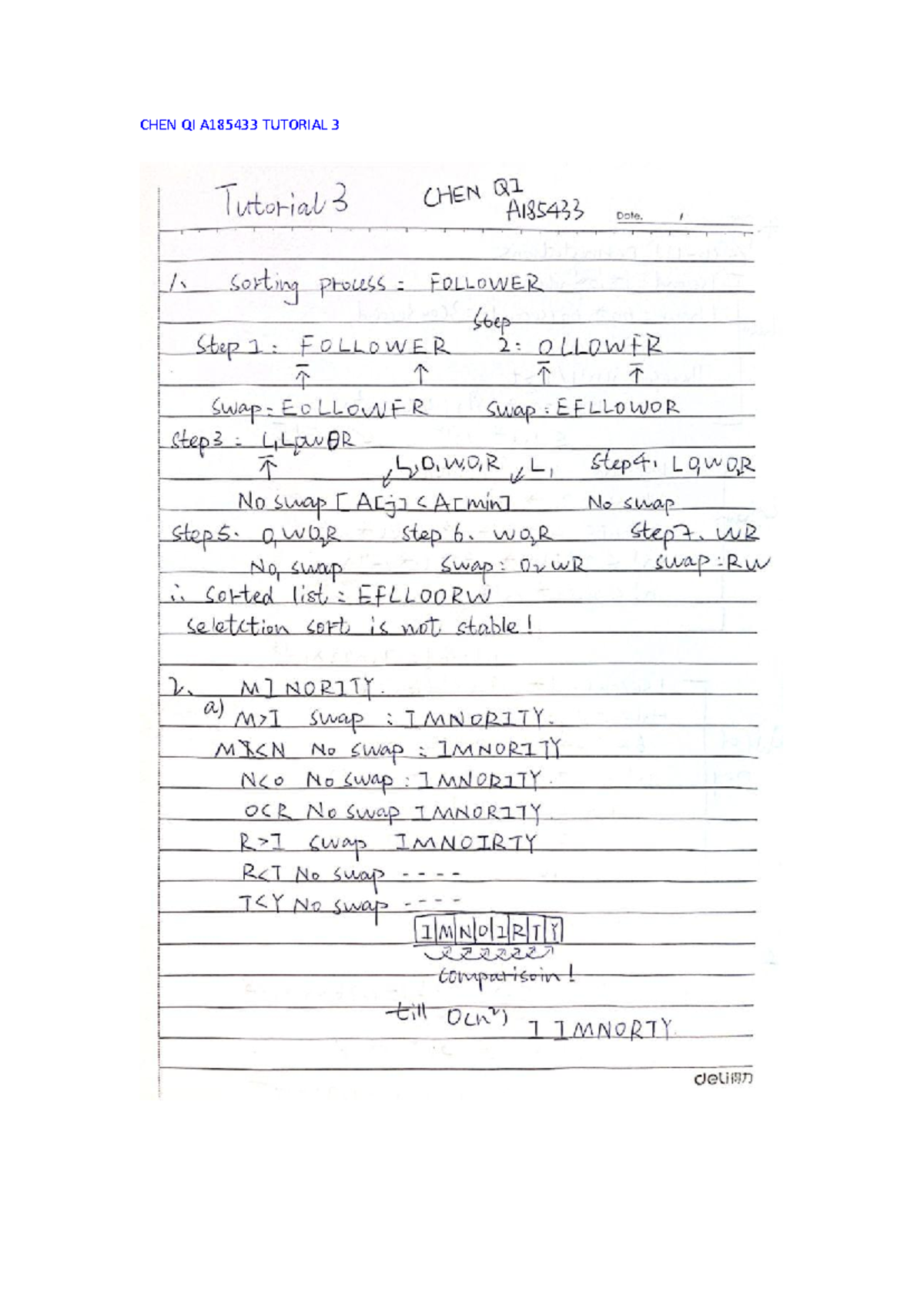 Tutorial 3 - ttttttt3 - CHEN QI A185433 TUTORIAL 3 Tutorial 3 CHEN Q1 A185433 Date. 1. sorting ...