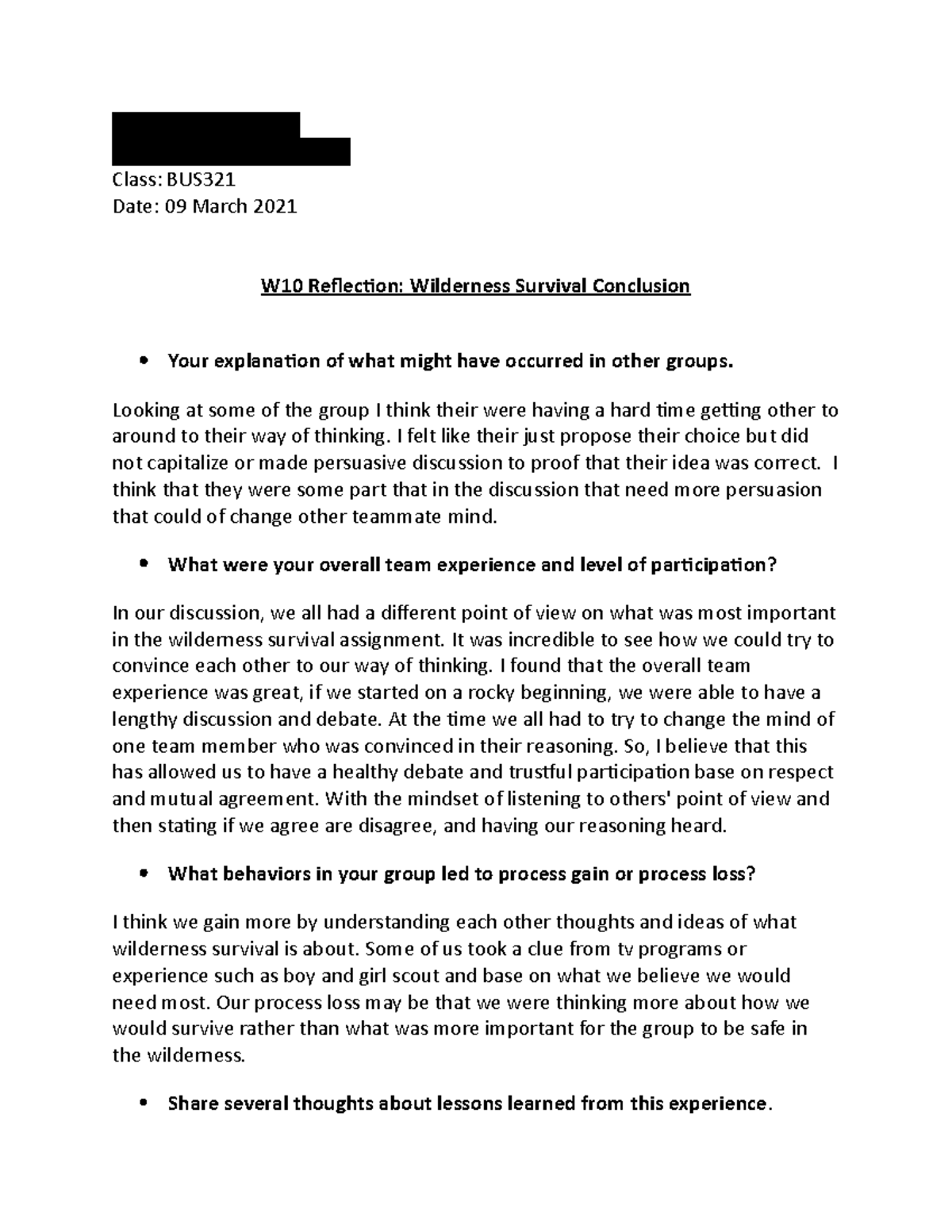 W10 Reflection Wilderness Survival Conclusion - Student: Kelvin Rowe ...