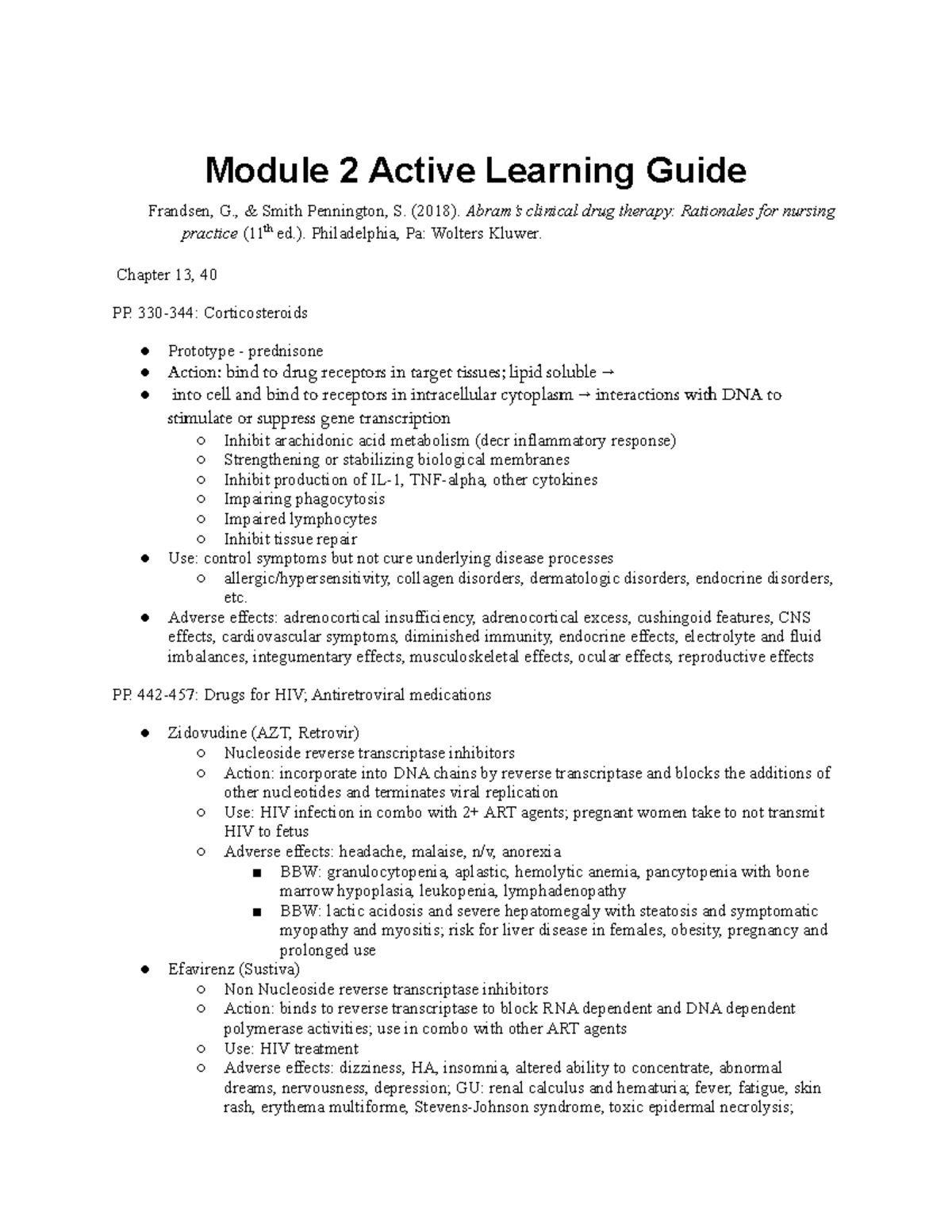 NURS 350-Module 2 Study Guide - Module 2 Active Learning Guide Frandsen ...