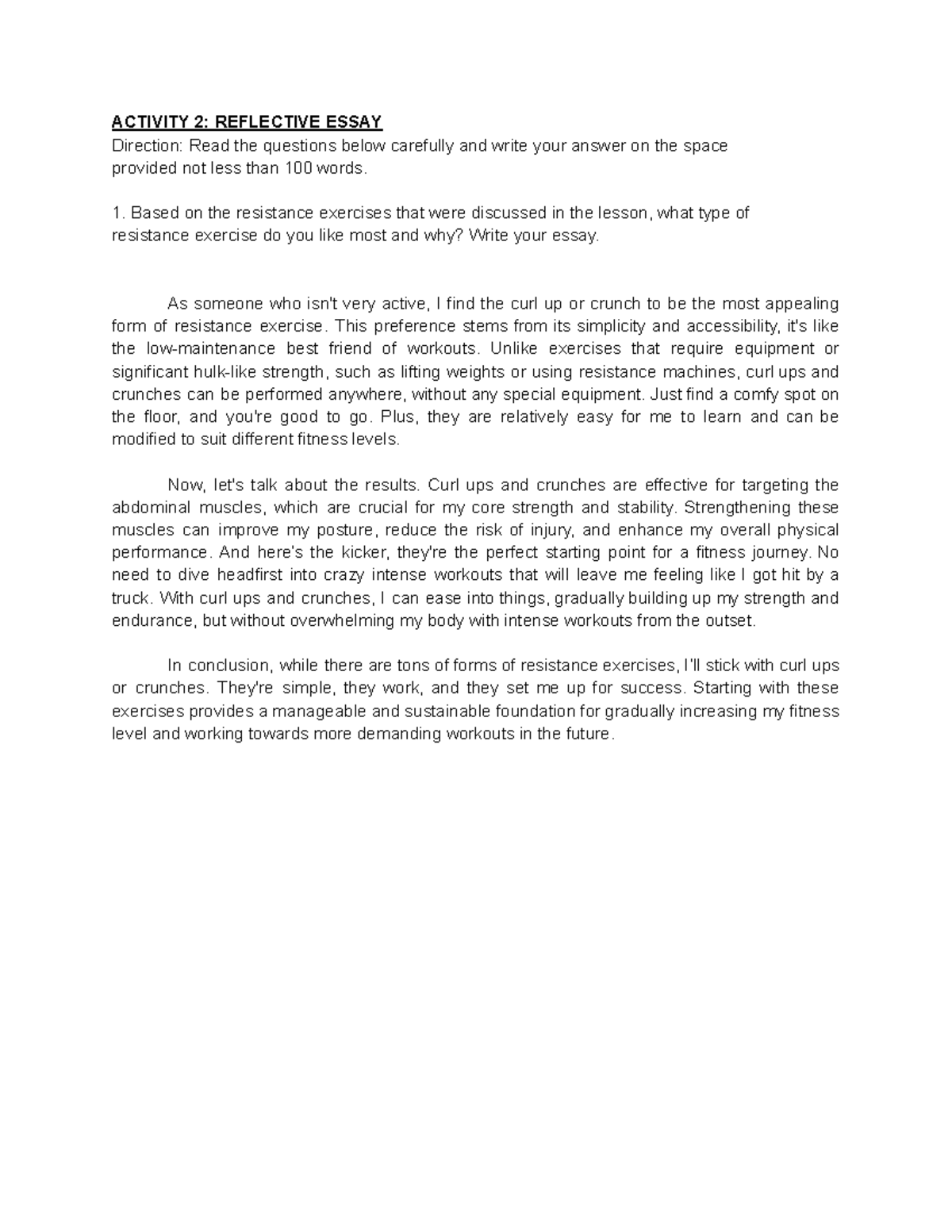 Reflective essay - ACTIVITY 2: REFLECTIVE ESSAY Direction: Read the ...