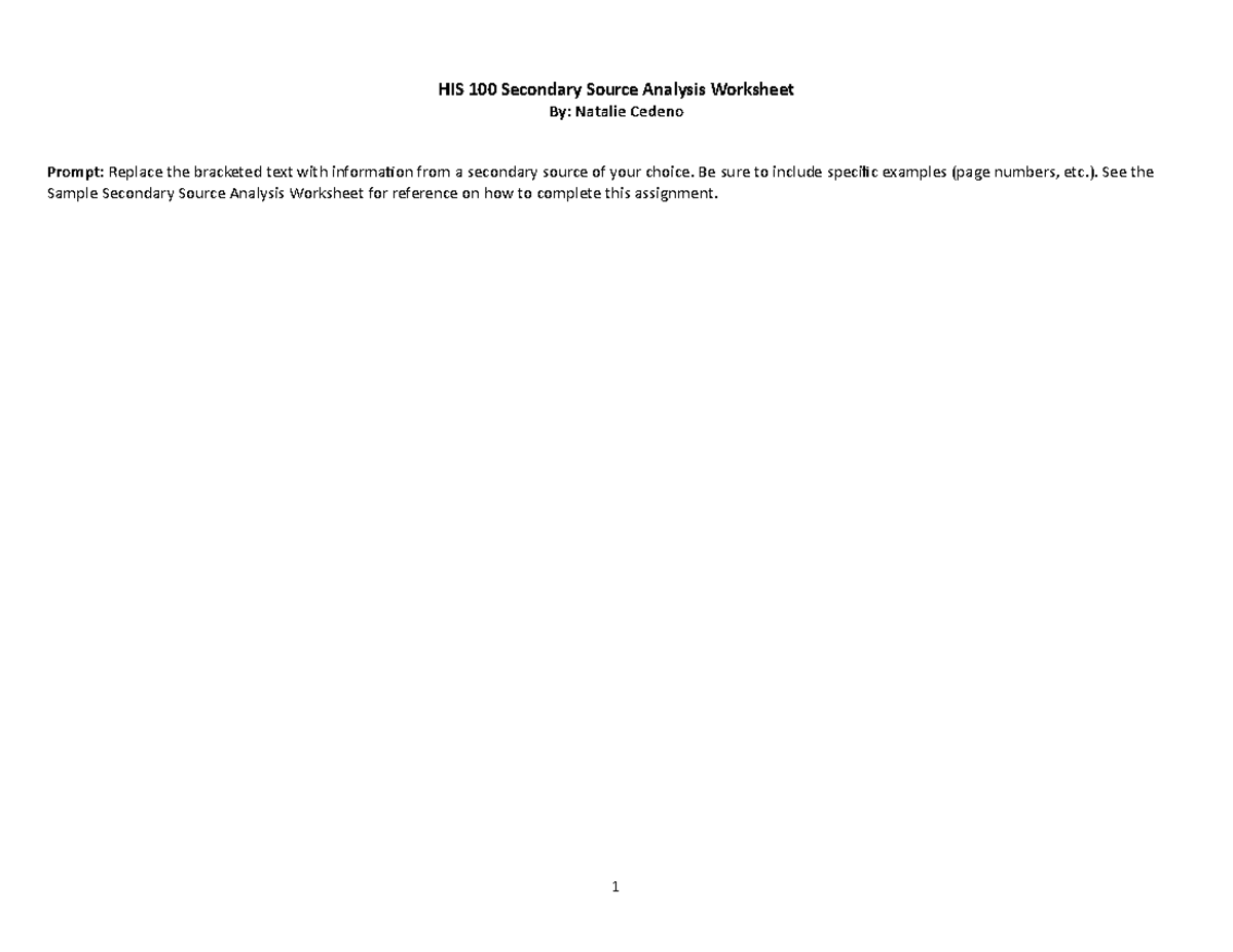3-4 Secondary Source Analysis Worksheet - HIS 100 Secondary Source ...