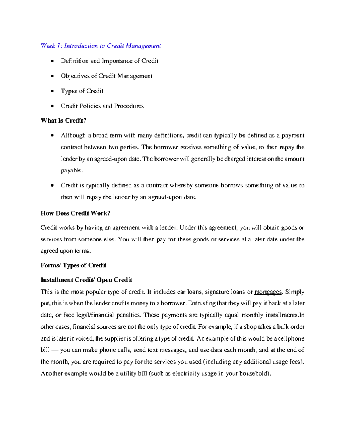 Credit Management - Week 1: Introduction to Credit Management ...