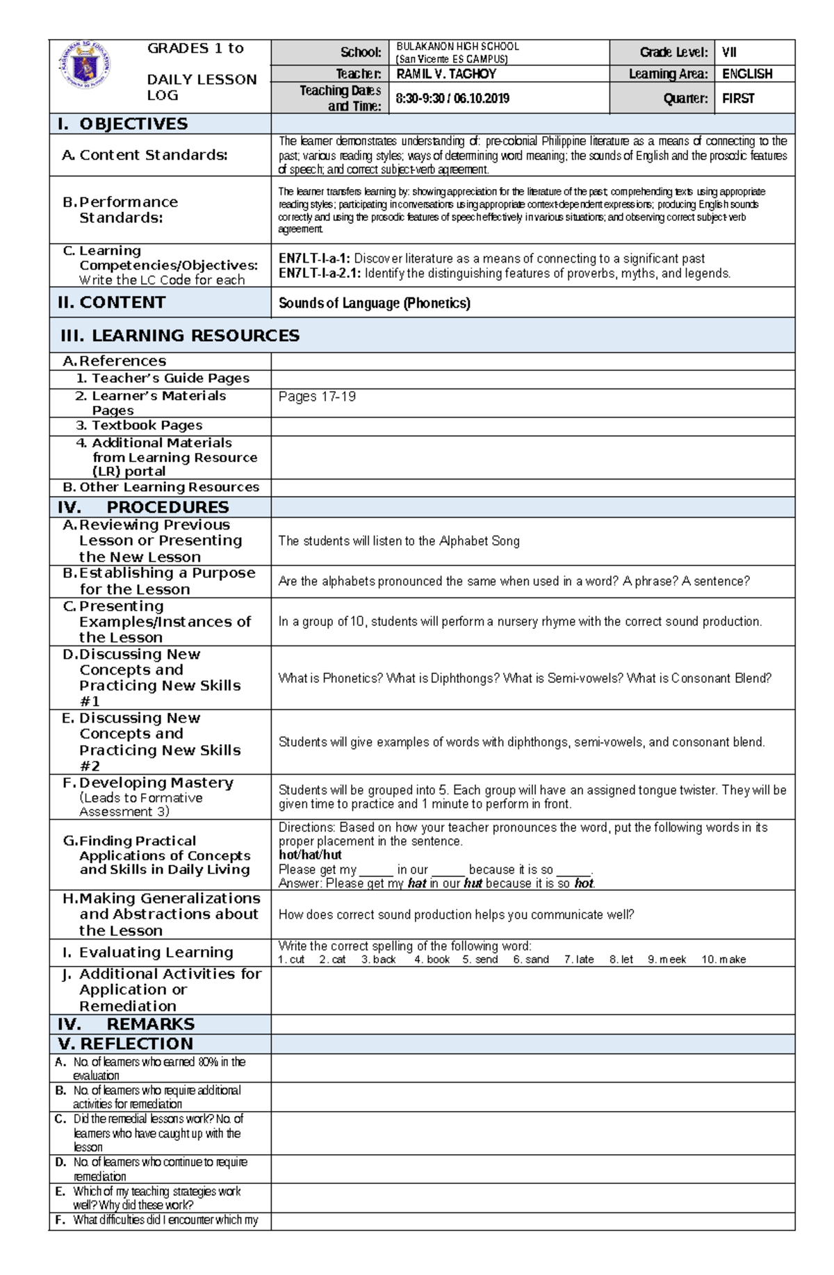 M1 L1 1 Sound Production - GRADES 1 to 12 DAILY LESSON LOG School ...