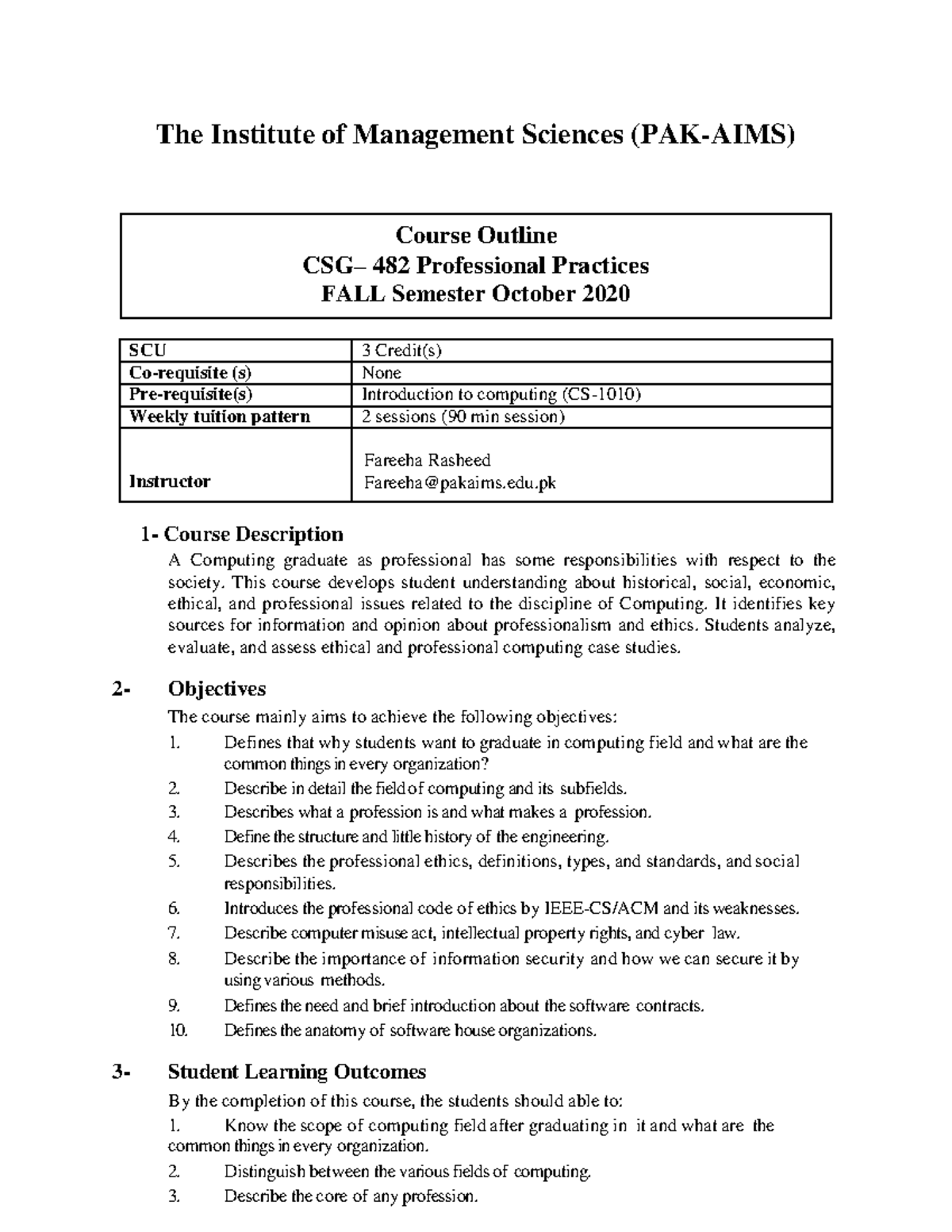 Professional Practices Course Outline - Course Outline CSG– 482 ...