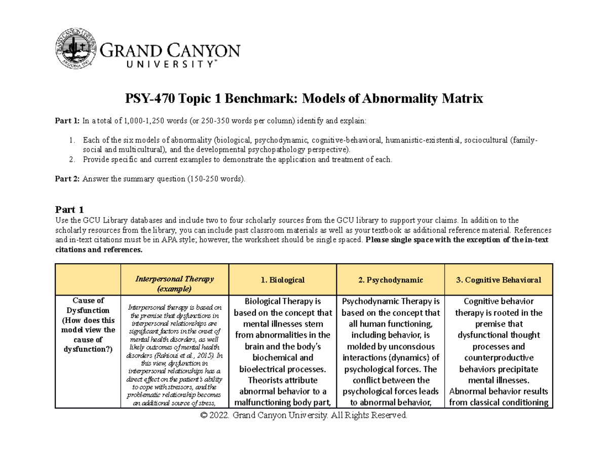 PSY-470-Modelsof Abnormality Matrix Assignment - PSY-470 Topic 1 ...