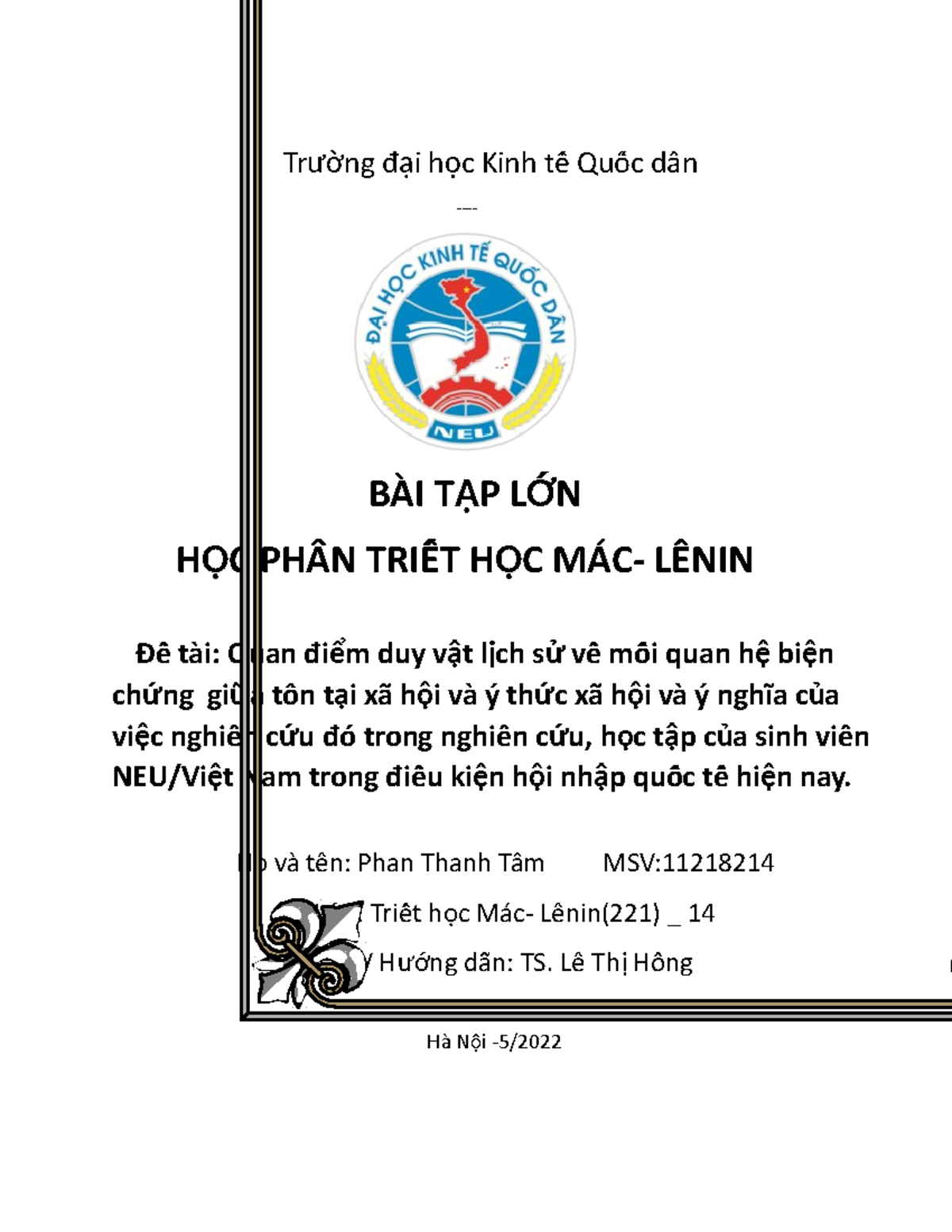 Tâmtriet - bài tập lớn triết học cô hồng - Tr ng đ i h c Kinh tếế Quốếc dânườạọ BÀI T P L N ẬỚ H ...