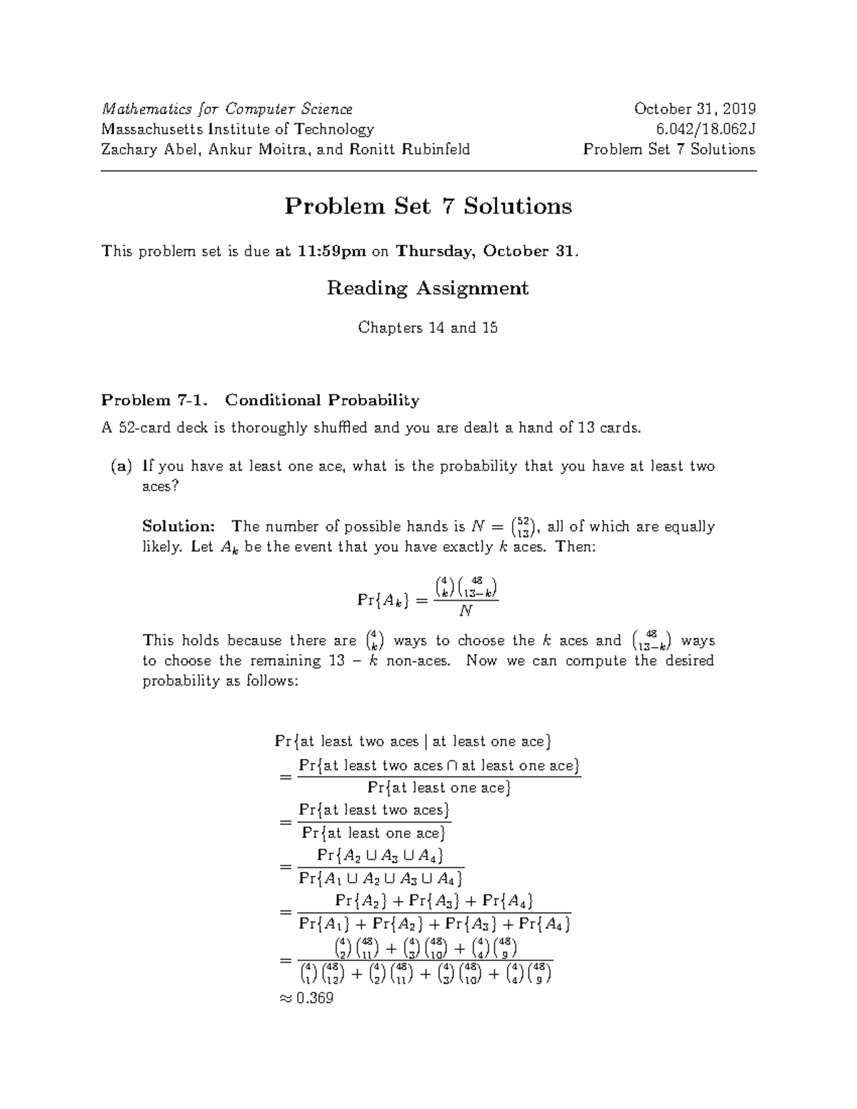Problem Set 7 Solutions - Mathematics for Computer Science October 31 ...