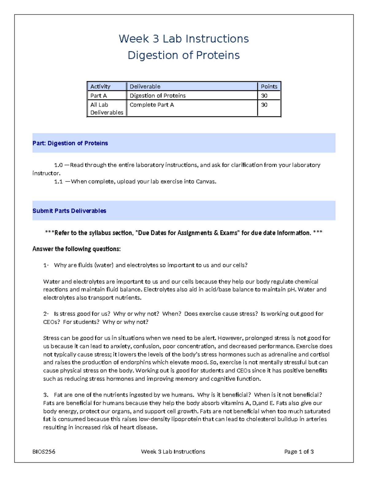 BIOS 256 Week 3 lab - Week 3 Lab Instructions Digestion of Proteins Activity Deliverable Points ...