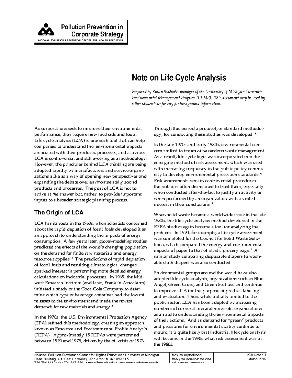 Life cycle assessment basics - LCA Note • 1 March 1995 NATIONAL ...