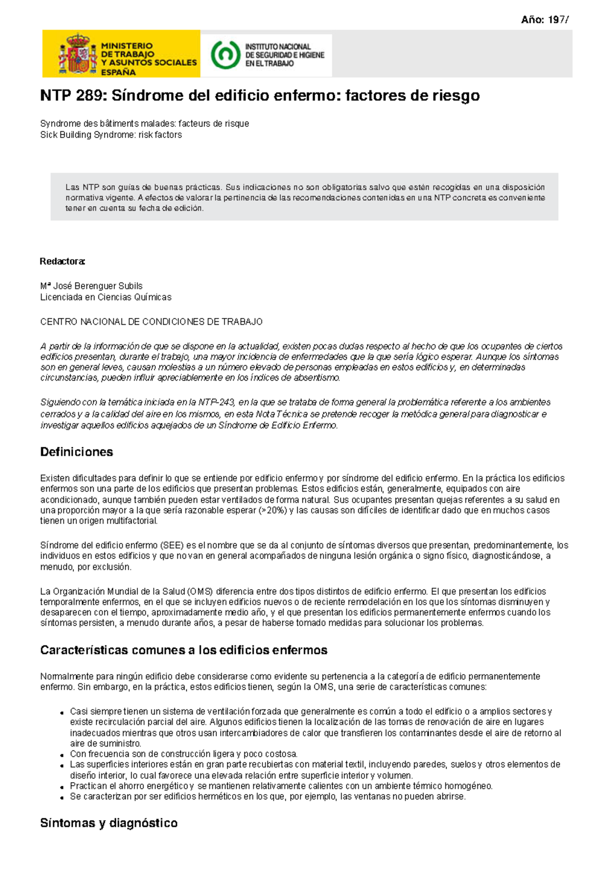 Sindrome del edificio enfermo estudio de caso - NTP 289: Síndrome del edificio enfermo: factores ...