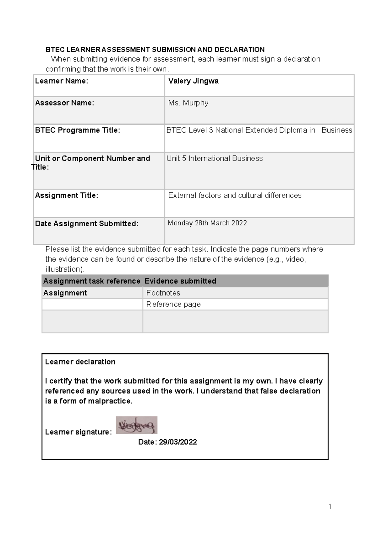 Unit 5 International Business Task 2 - BTEC LEARNER ASSESSMENT ...
