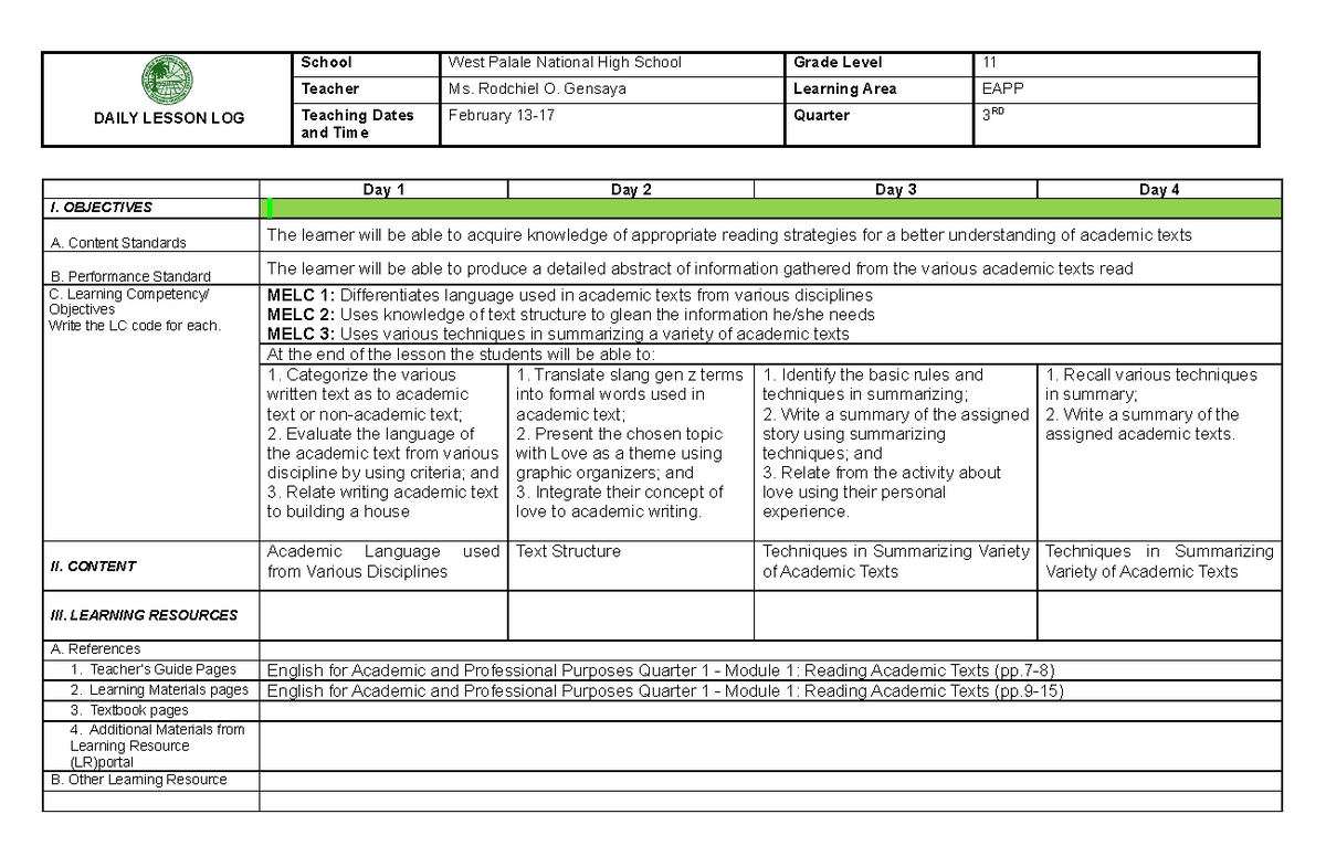 Q3 EAPP DLL WEEK 1 - DLL - DAILY LESSON LOG School West Palale National ...