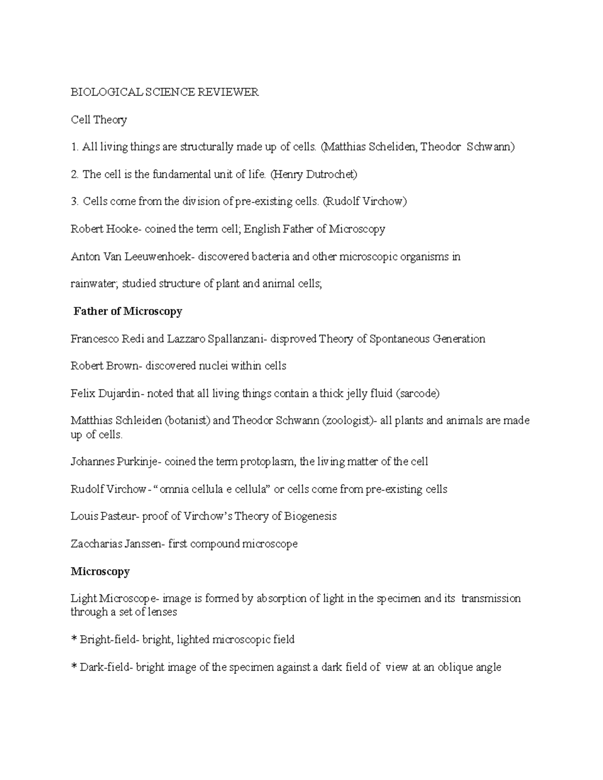 Biological Science Reviewer - BIOLOGICAL SCIENCE REVIEWER Cell Theory ...