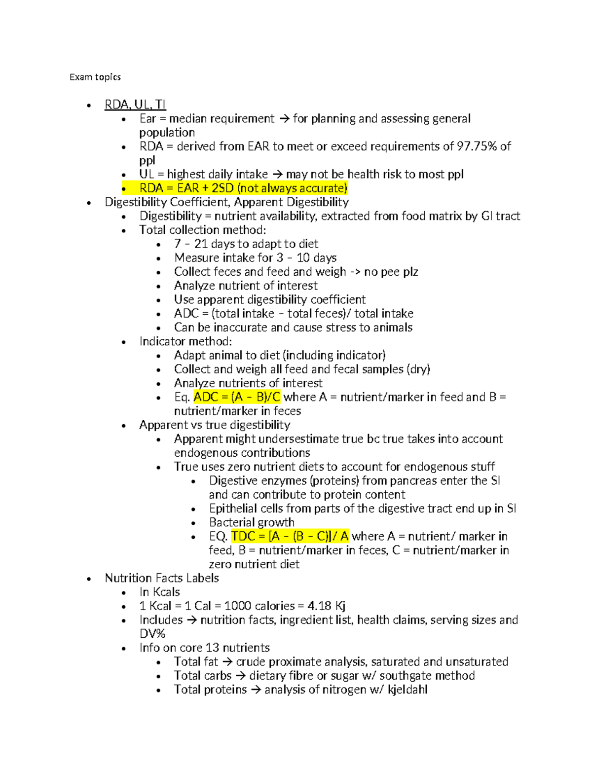 Nut3210-final notes - Exam topics RDA, UL, TI Ear = median requirement ...