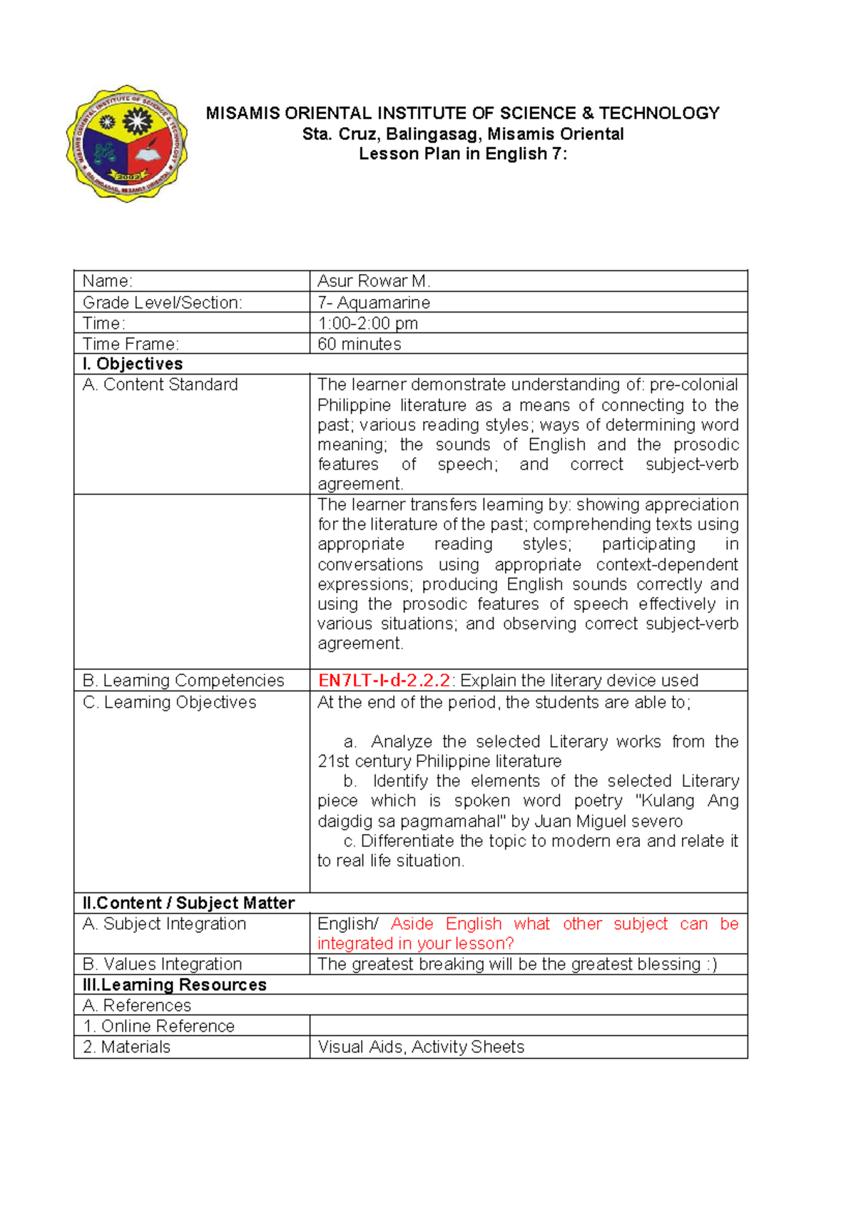Asur's lesson plan final - MISAMIS ORIENTAL INSTITUTE OF SCIENCE ...