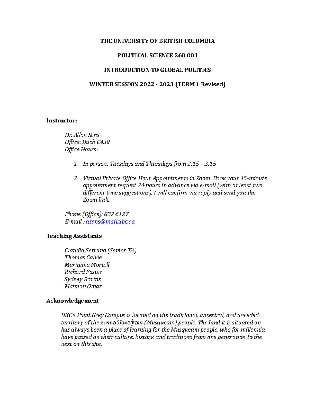 POLI 260 1 Outline 2022-2023 Revised - THE UNIVERSITY OF BRITISH ...
