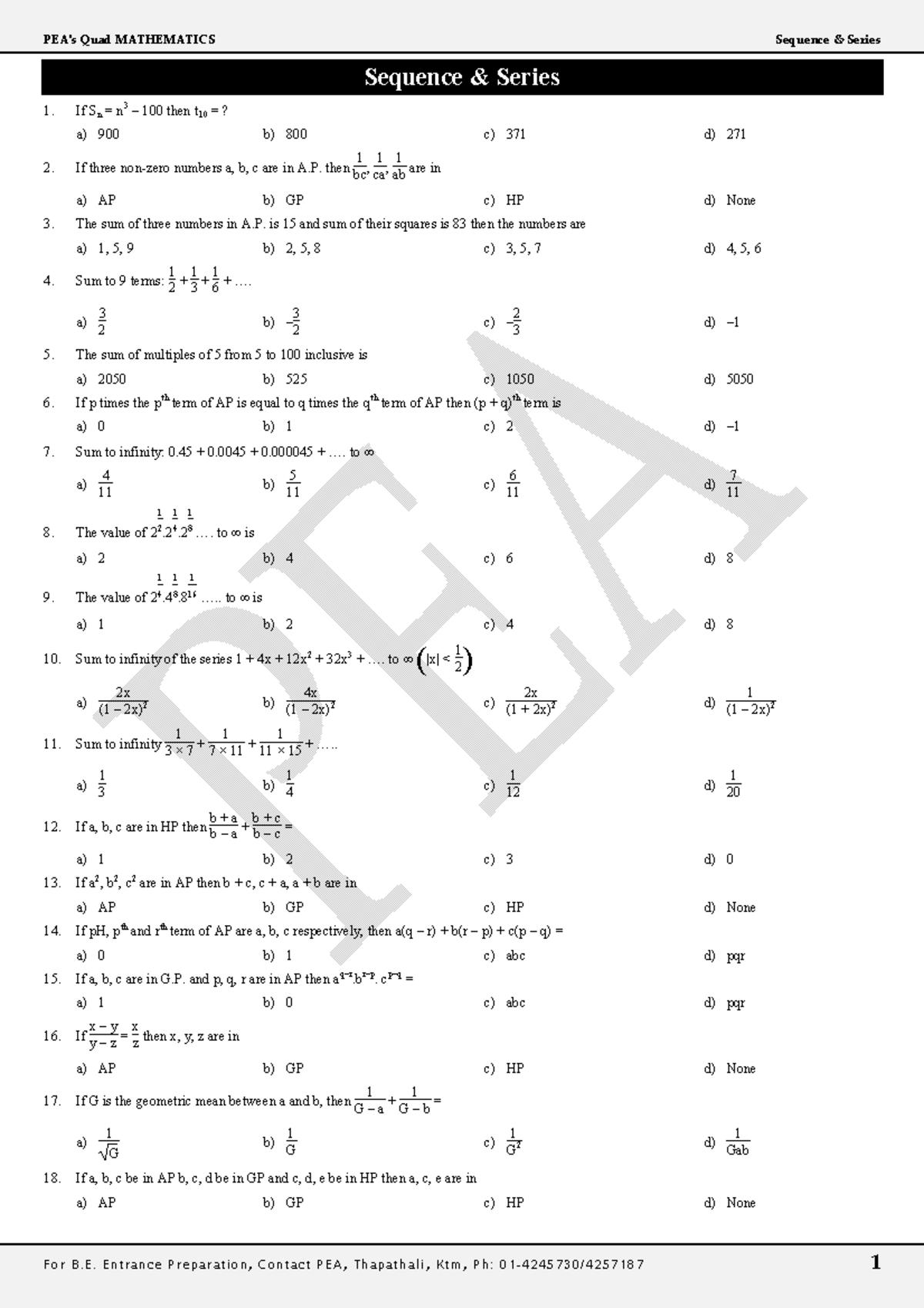Math problems support - PEA's Quad MATHEMATICS Sequence & Series F o r ...