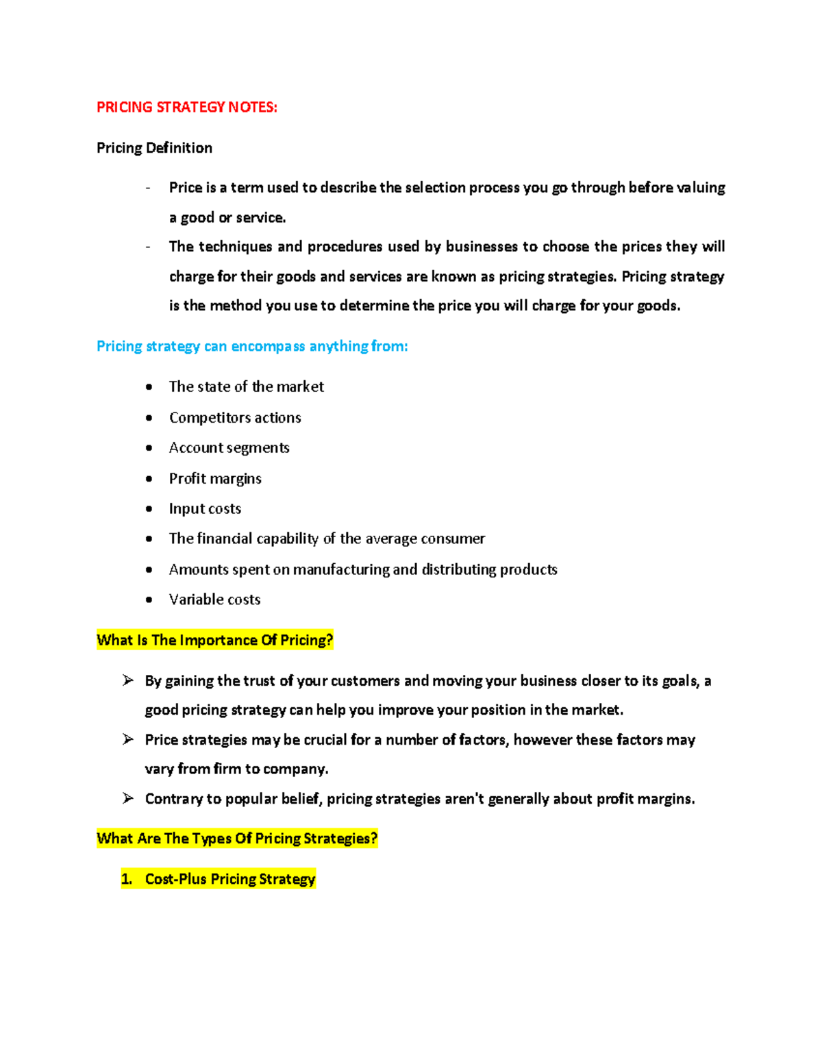 Pricing Strategy - PRICING STRATEGY NOTES: Pricing Definition Price is ...