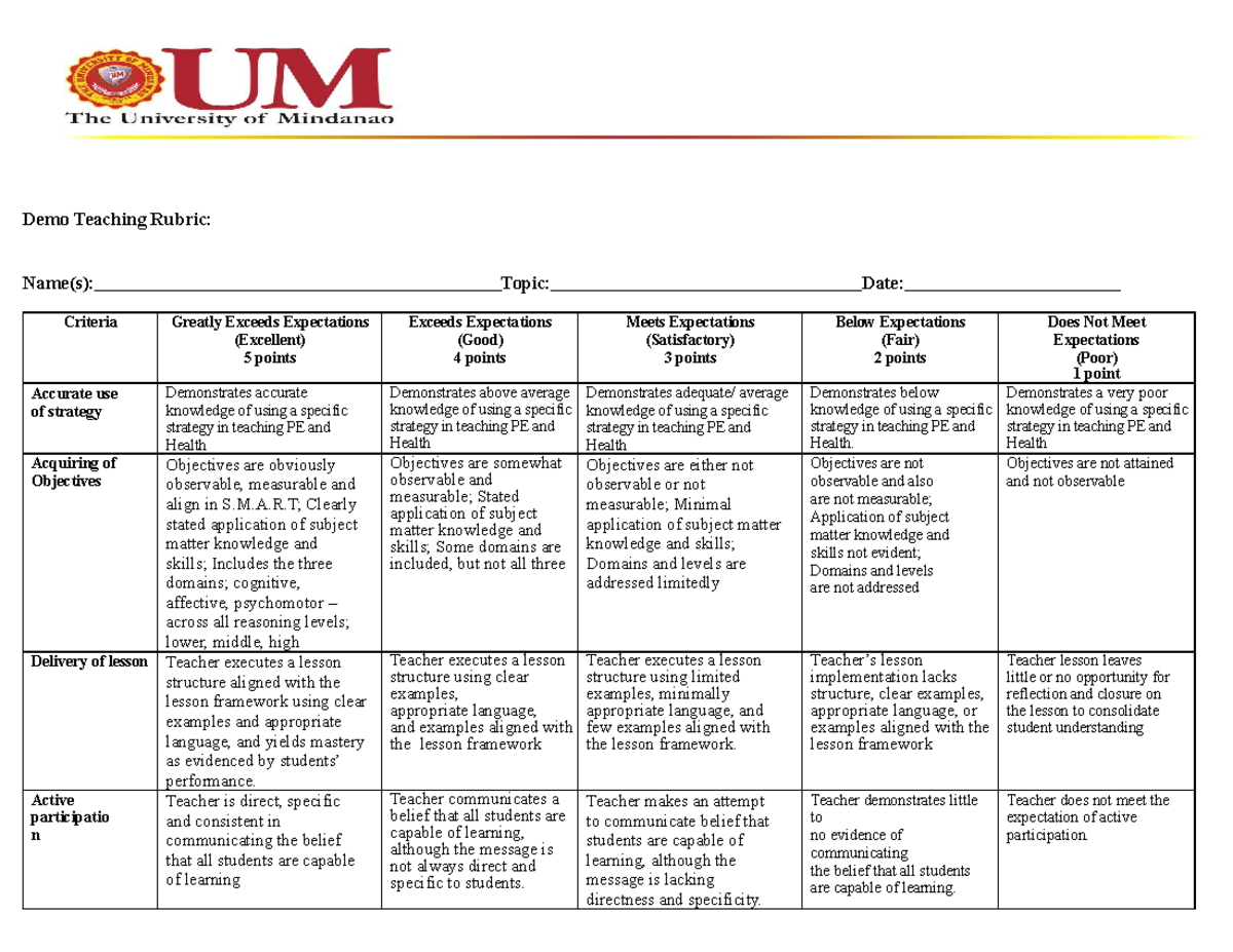 Rubrics Demoteaching - Demo teaching - College of Teacher Education Ground Floor, GET Building ...