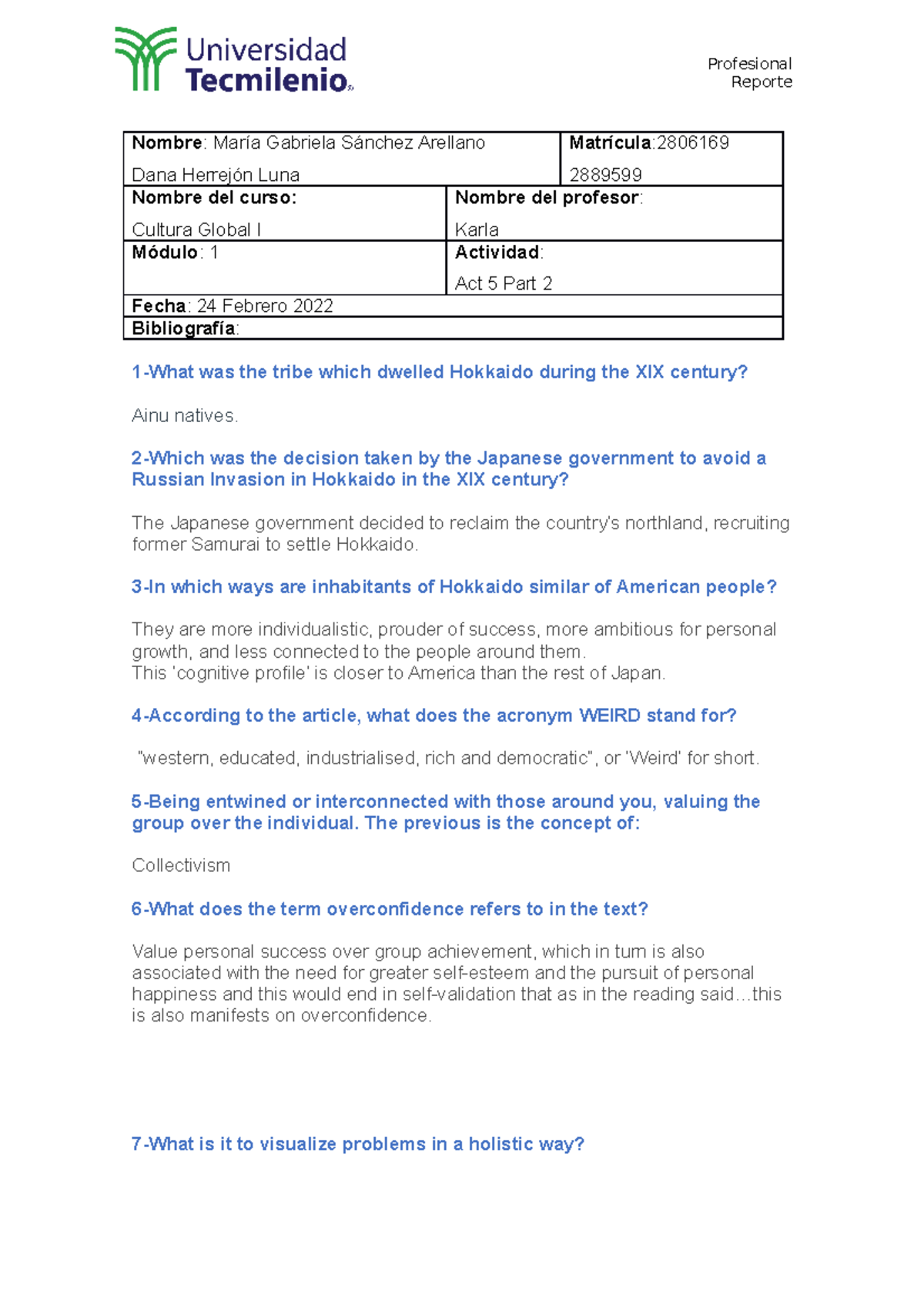 ACT 5 PART 2 Global Culture I Reading and answers - Profesional Reporte ...